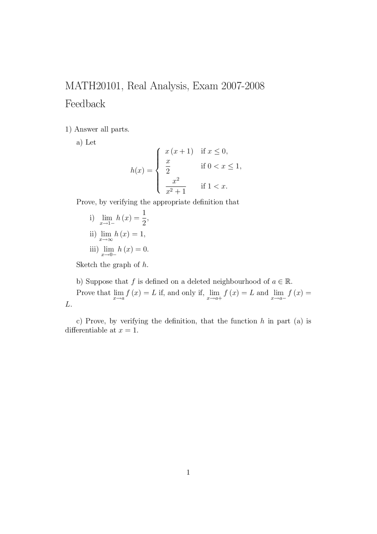 Definition Of One Sided Limits Real Analysis Exam Feedback Docsity