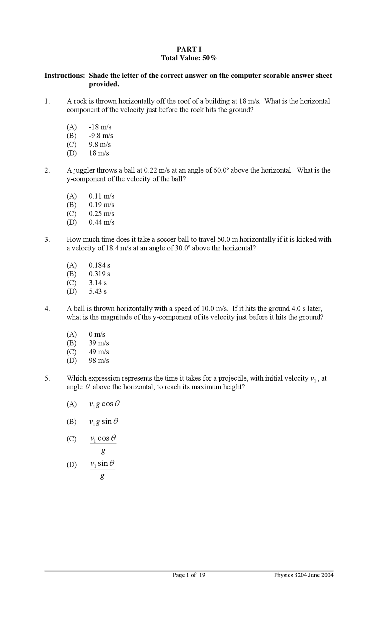 Horizontal Component Physics Past Exam Paper Docsity