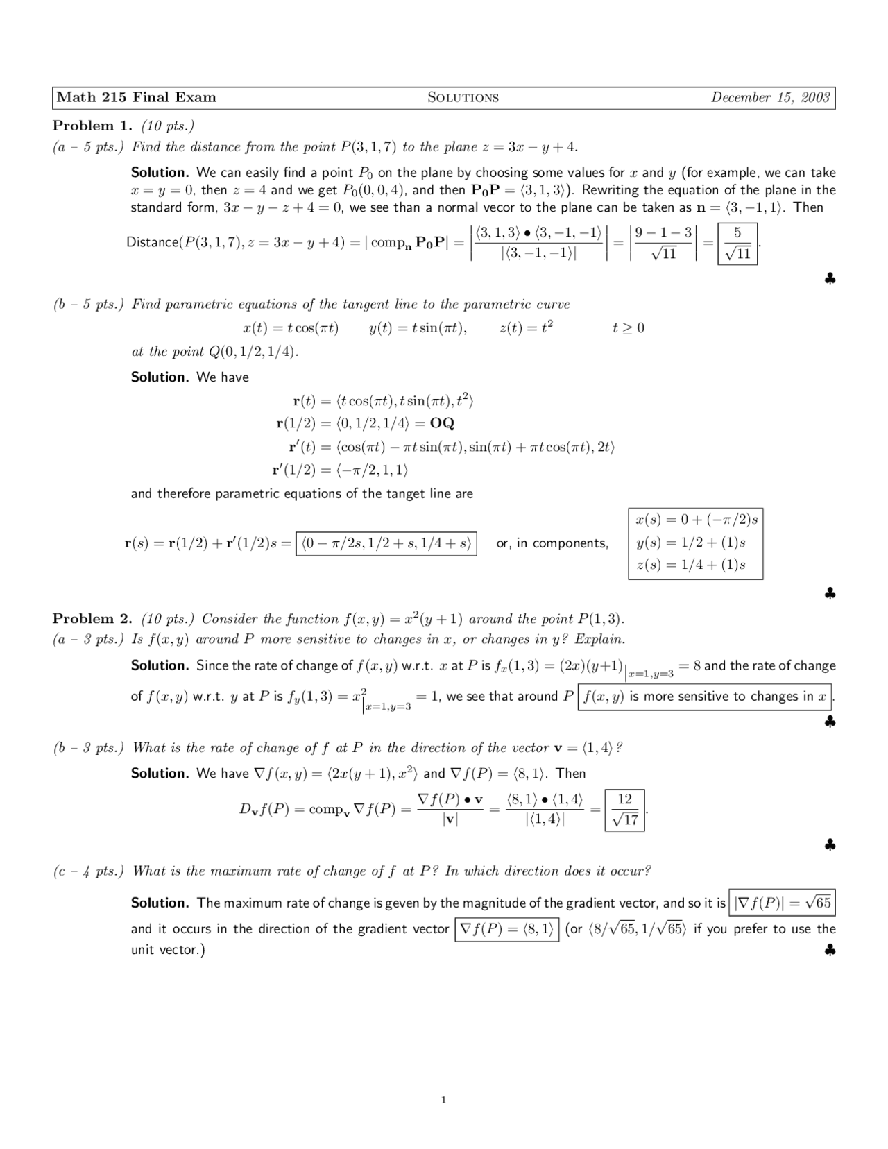 Distance From Point Multivariable Calculus Solved Past Paper Docsity