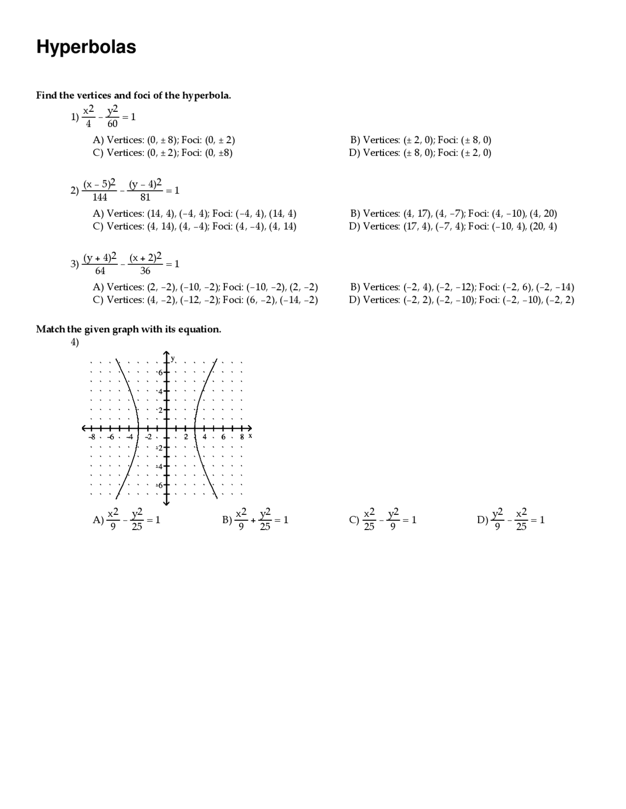 Hyperbolas - Calculus - Exercise - Docsity
