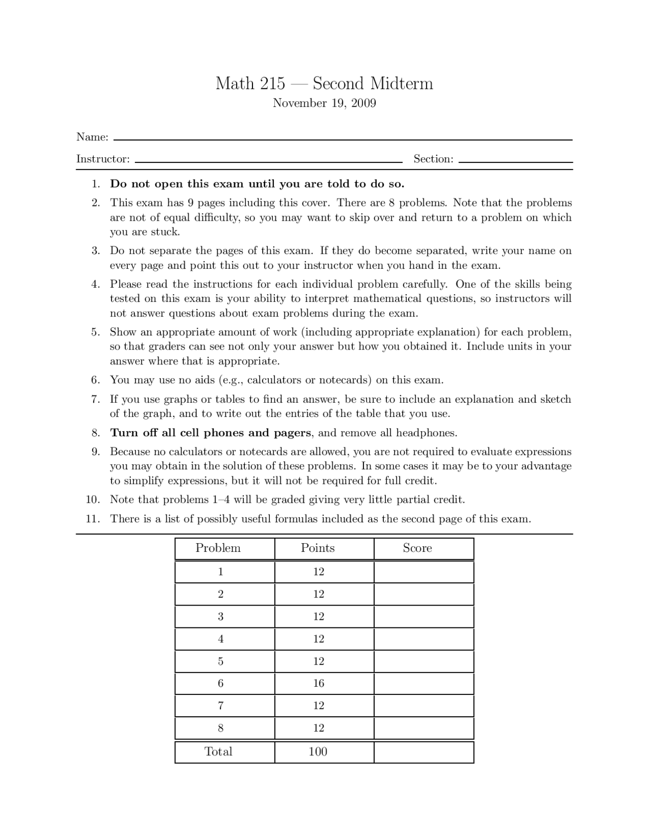 Vector Formulas Multivariable Calculus Past Paper Docsity