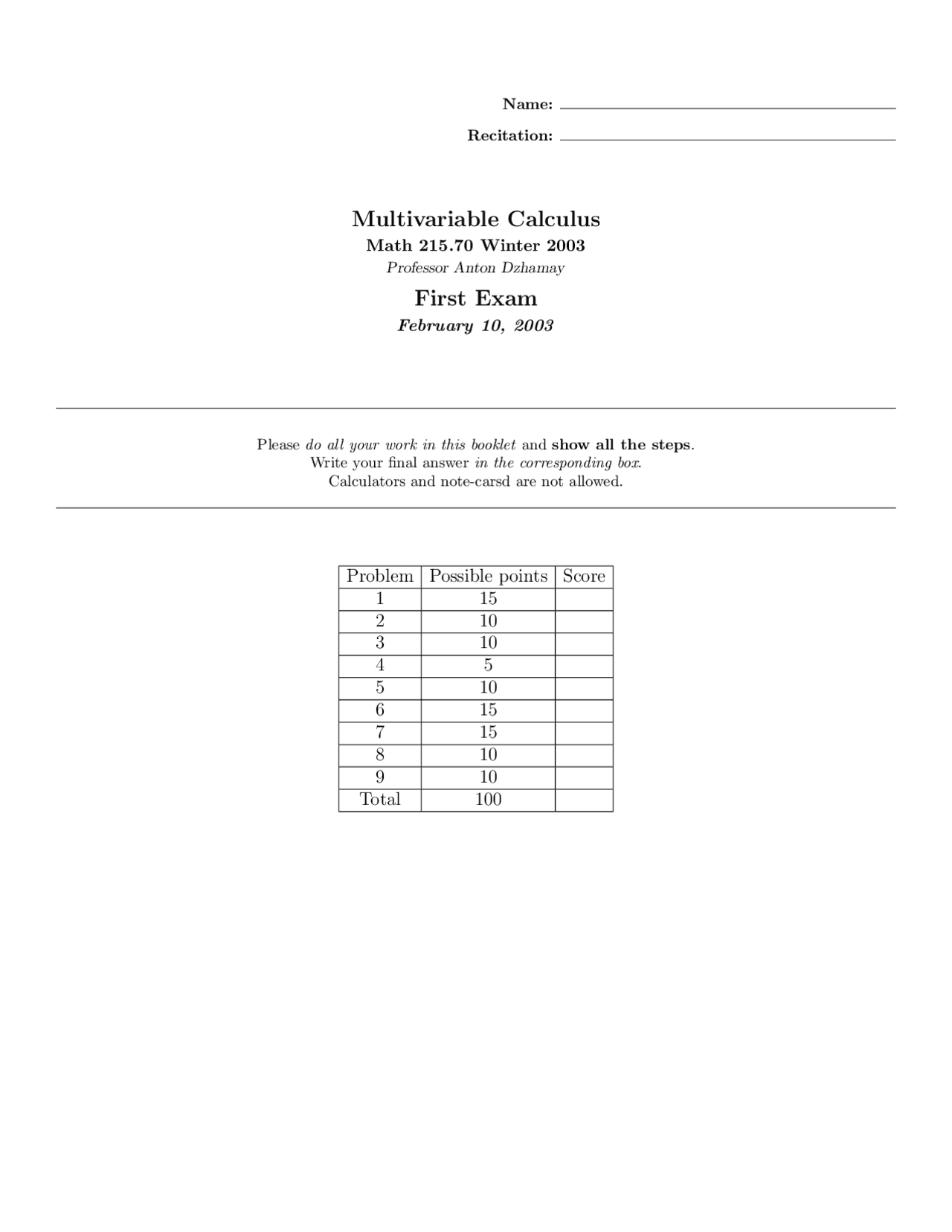 Parametric Equations Multivariable Calculus Past Paper Docsity
