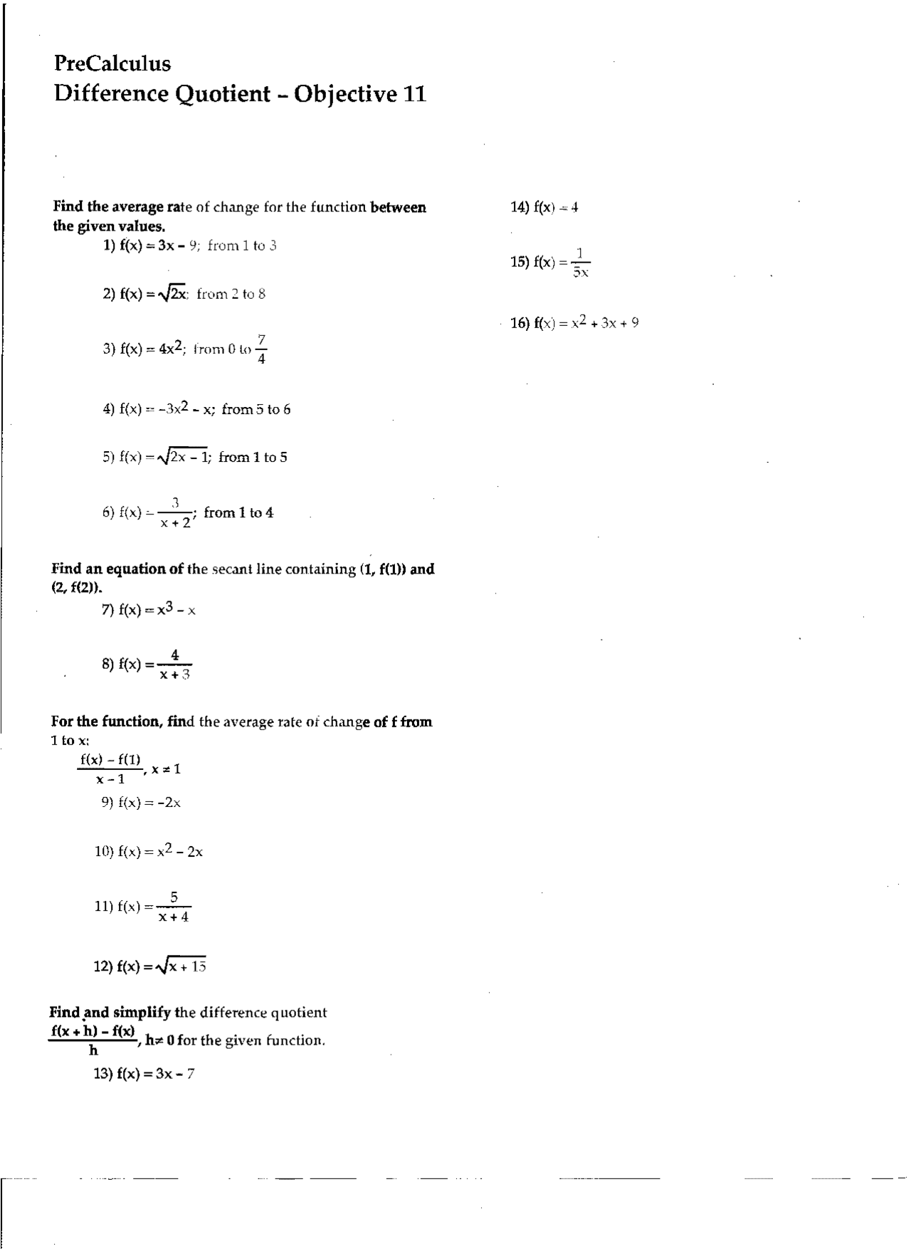 Difference Quotient Calculus Lecture Notes Docsity