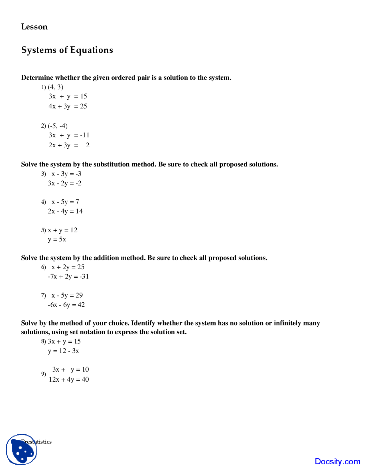 Systems Of Equation Statistics Exercise Docsity