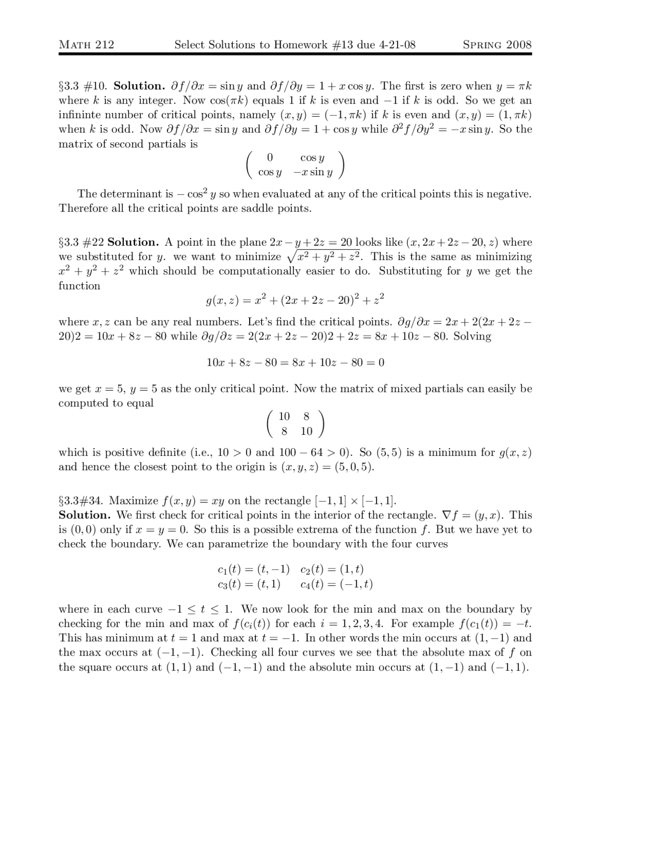 Infininte Number Of Critical Points Multivariable Calculus Solved