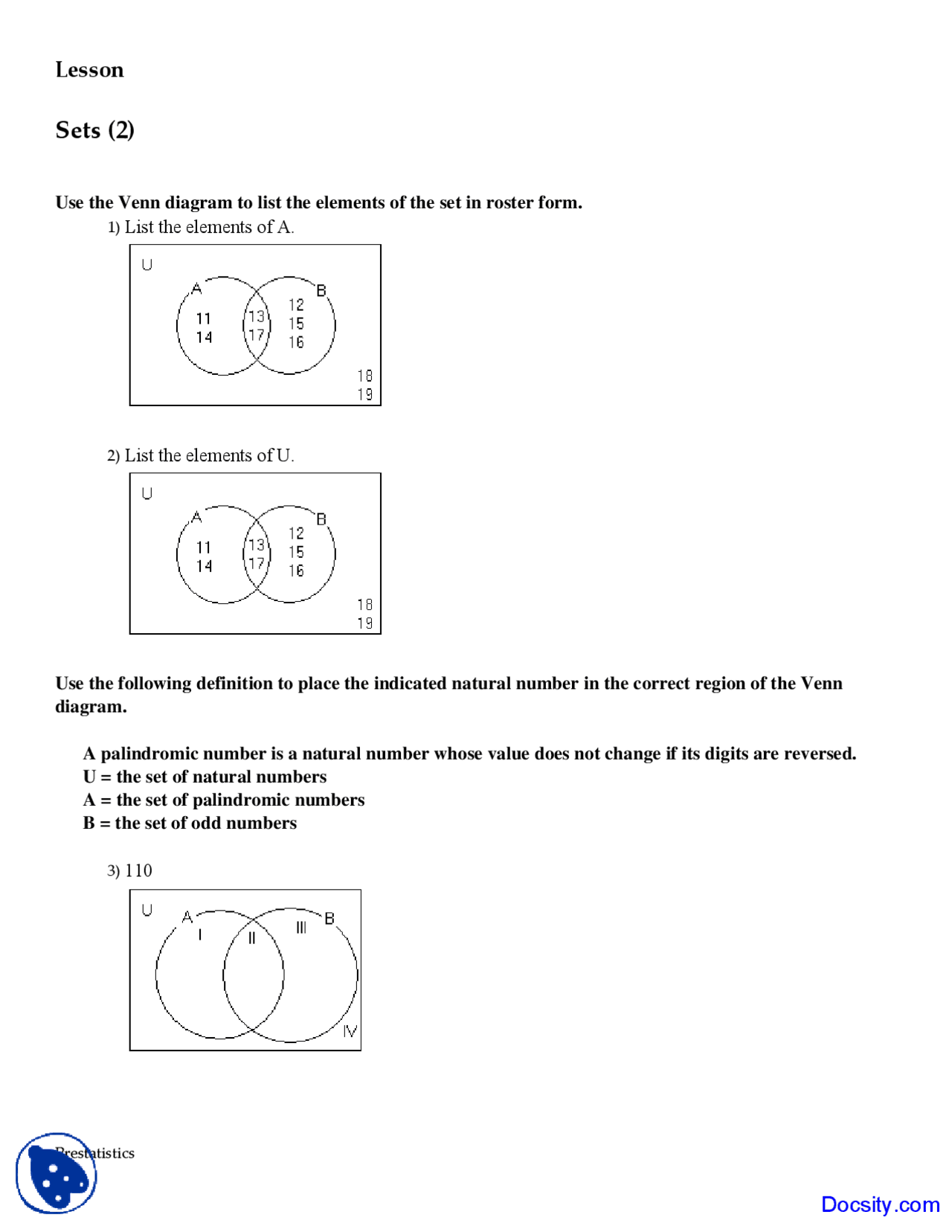 Sets Two Statistics Exercise Docsity