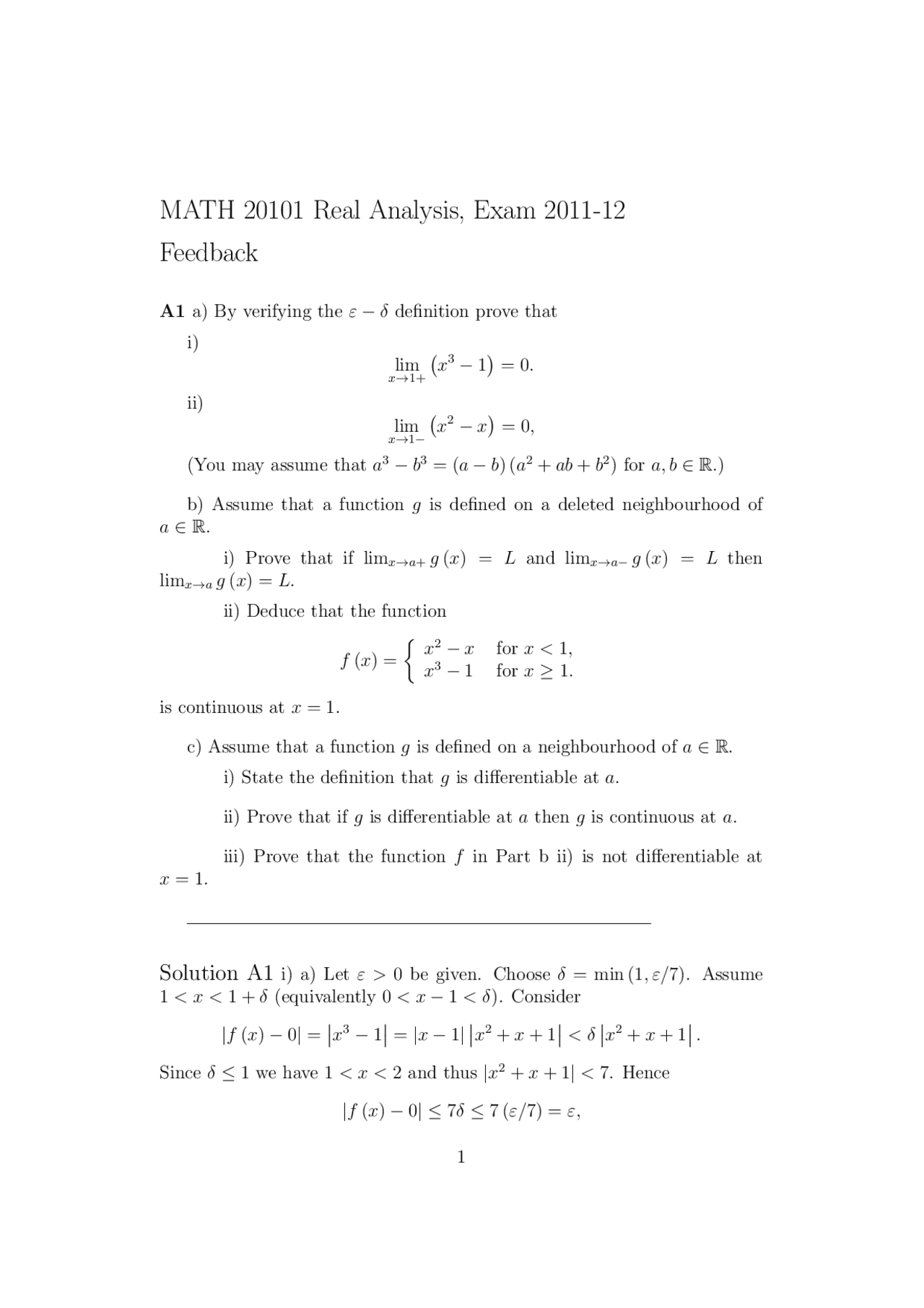 Prove Function Real Analysis Exam Feedback Docsity