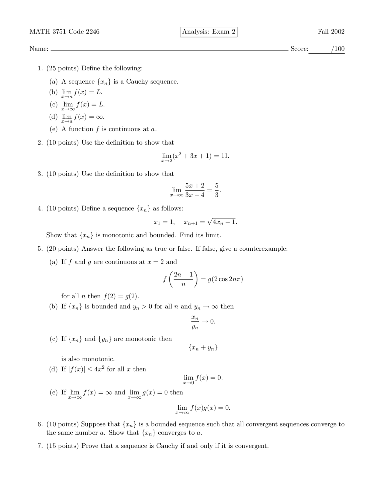 Cauchy Sequence Real Analysis Exam Docsity