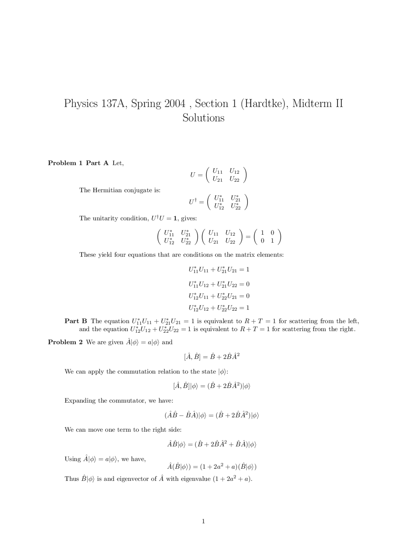 Hermitian Conjugate - Quantum Mechanics - Solved Past Paper - Docsity