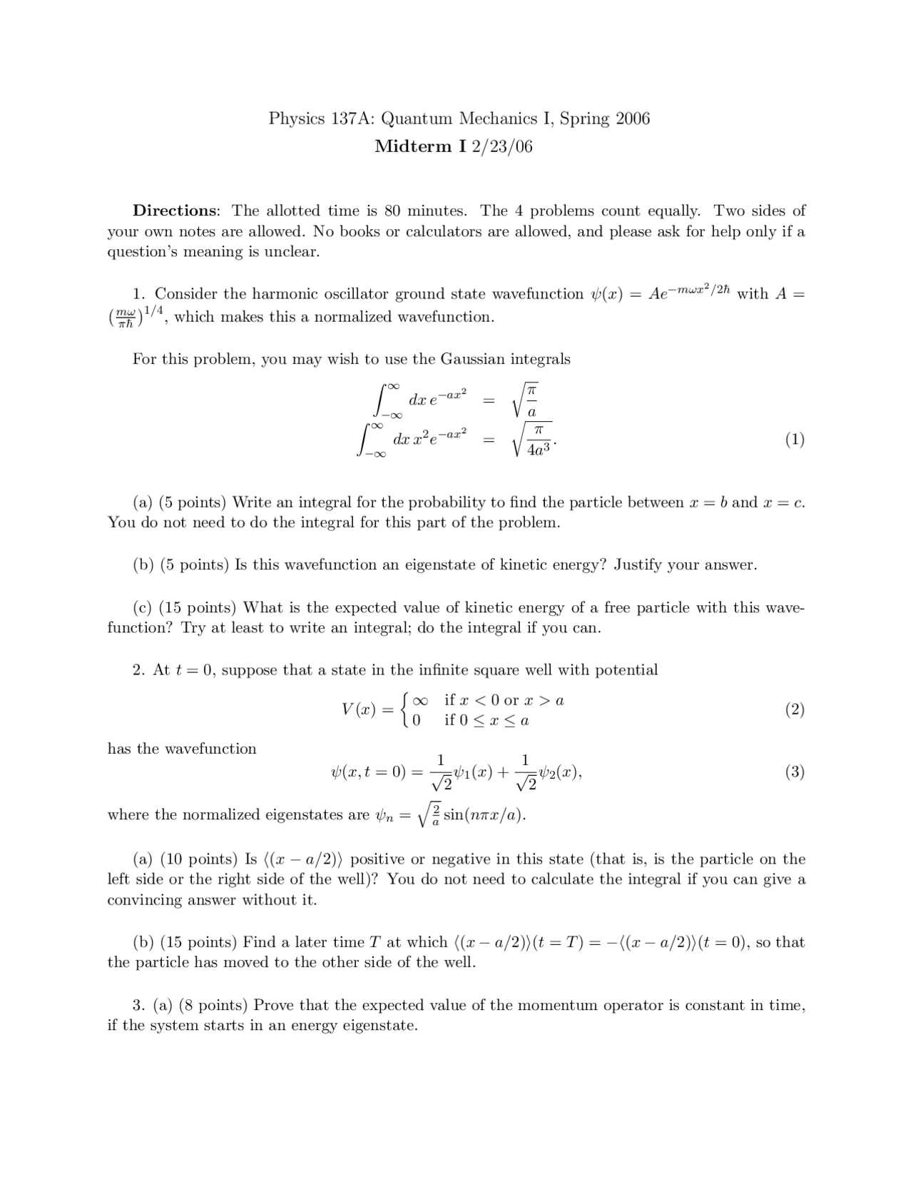 Normalized Wavefunction - Quantum Mechanics - Past Paper | Exams Mechanics | Docsity