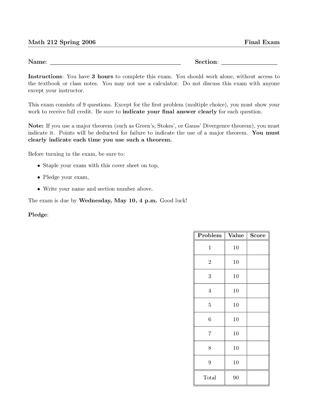 Minimum And Maximum Values Multivariable Calculus Past Paper Docsity