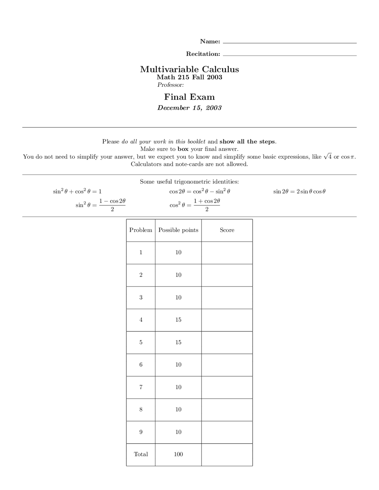 Distance From Point Multivariable Calculus Past Paper Docsity