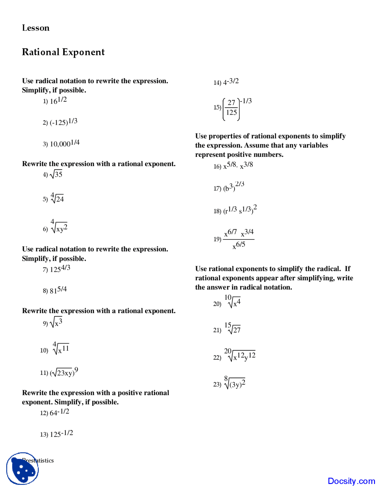 Rational Exponent - Statistics - Exercise - Docsity
