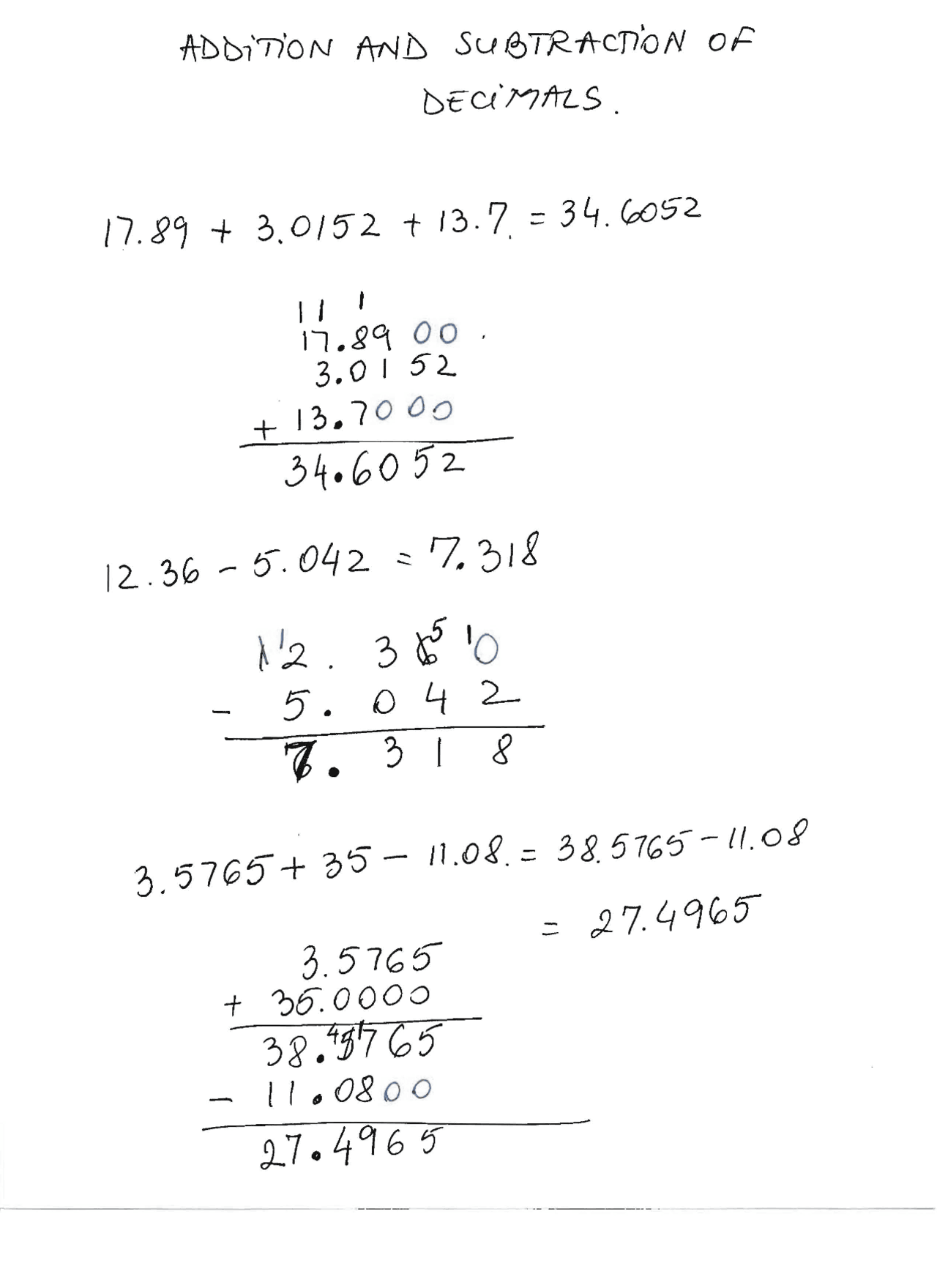 Addition And Subtraction Of Decimals Pre Algebra Lecture Notes
