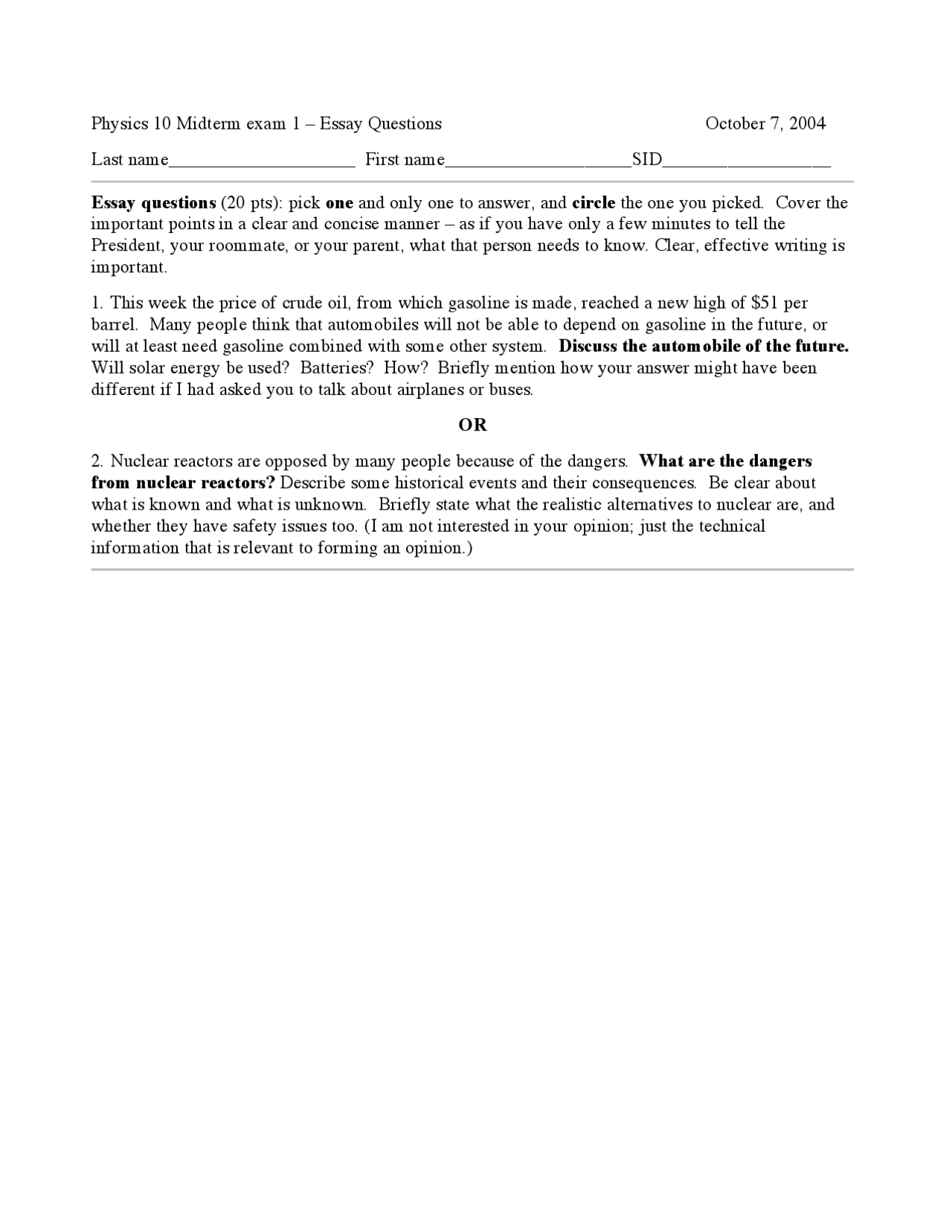 Physics 10 Midterm Exam 1: Essay and Short Questions | Exams Physics | Docsity