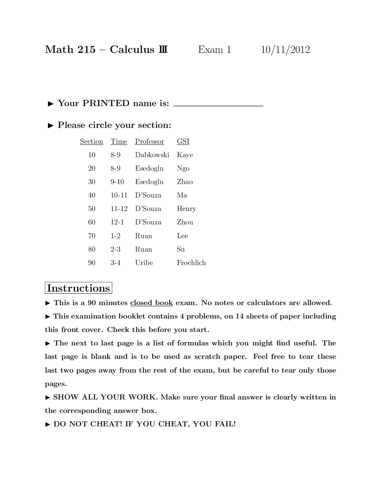 Cosine of Angle - Multivariable Calculus - Past Paper - Docsity