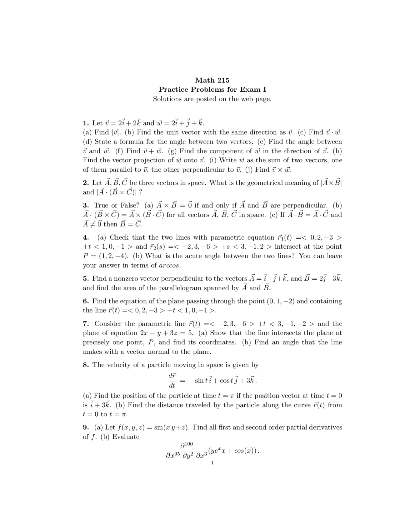 Angle Between Two Vectors Multivariable Calculus Past Paper Docsity