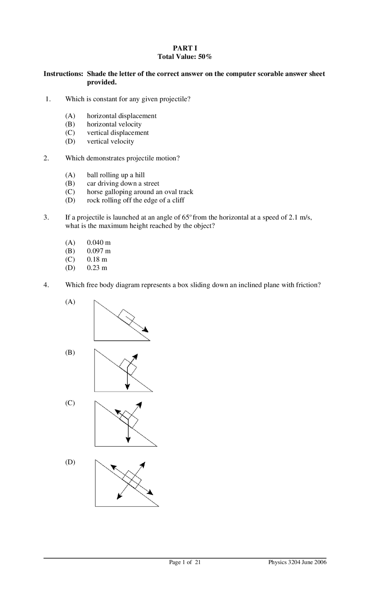 Constant For Projectile Physics Past Exam Paper Docsity