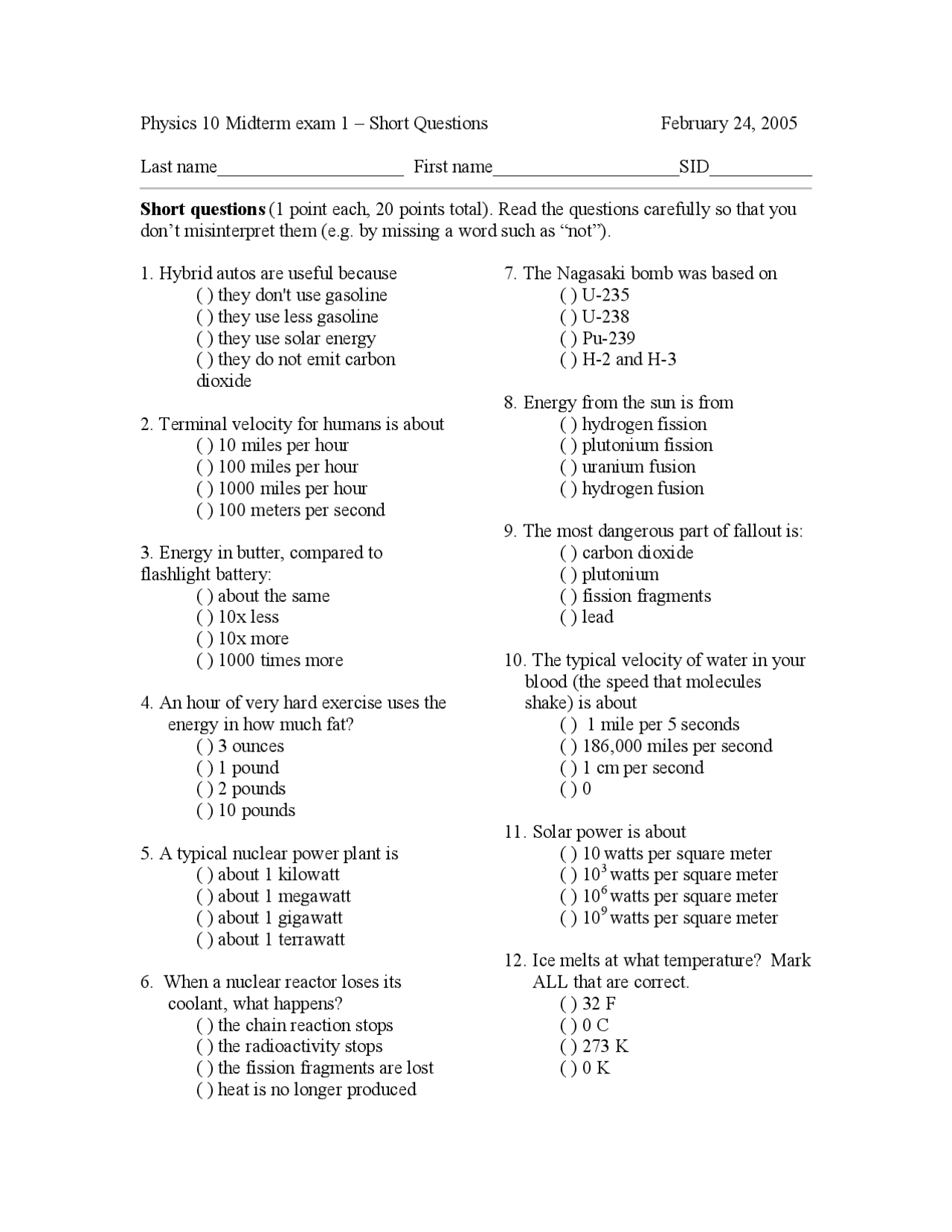 Hybrid Autos - Descriptive Introduction to Physics - Exam - Docsity