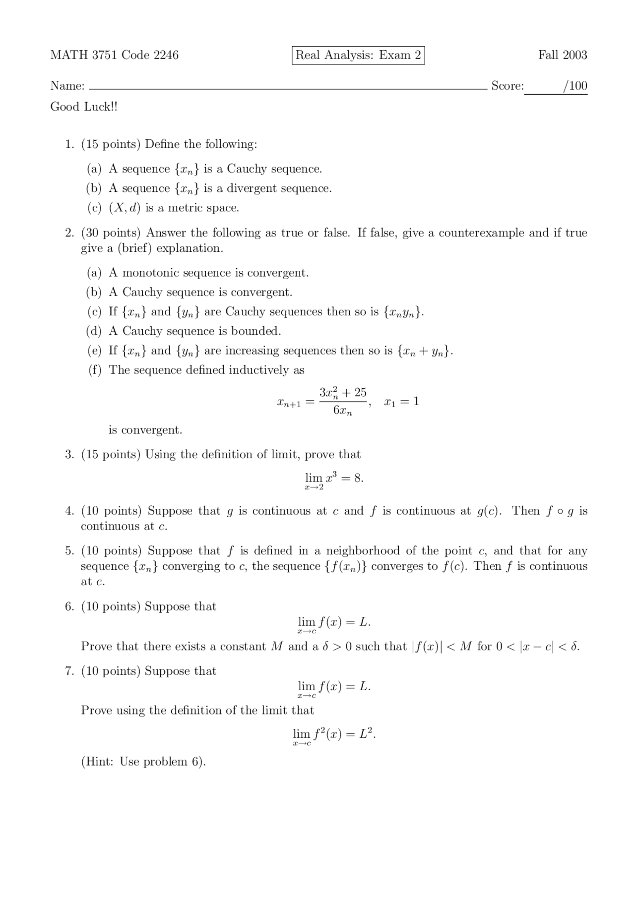 Divergent Sequence Real Analysis Exam Docsity