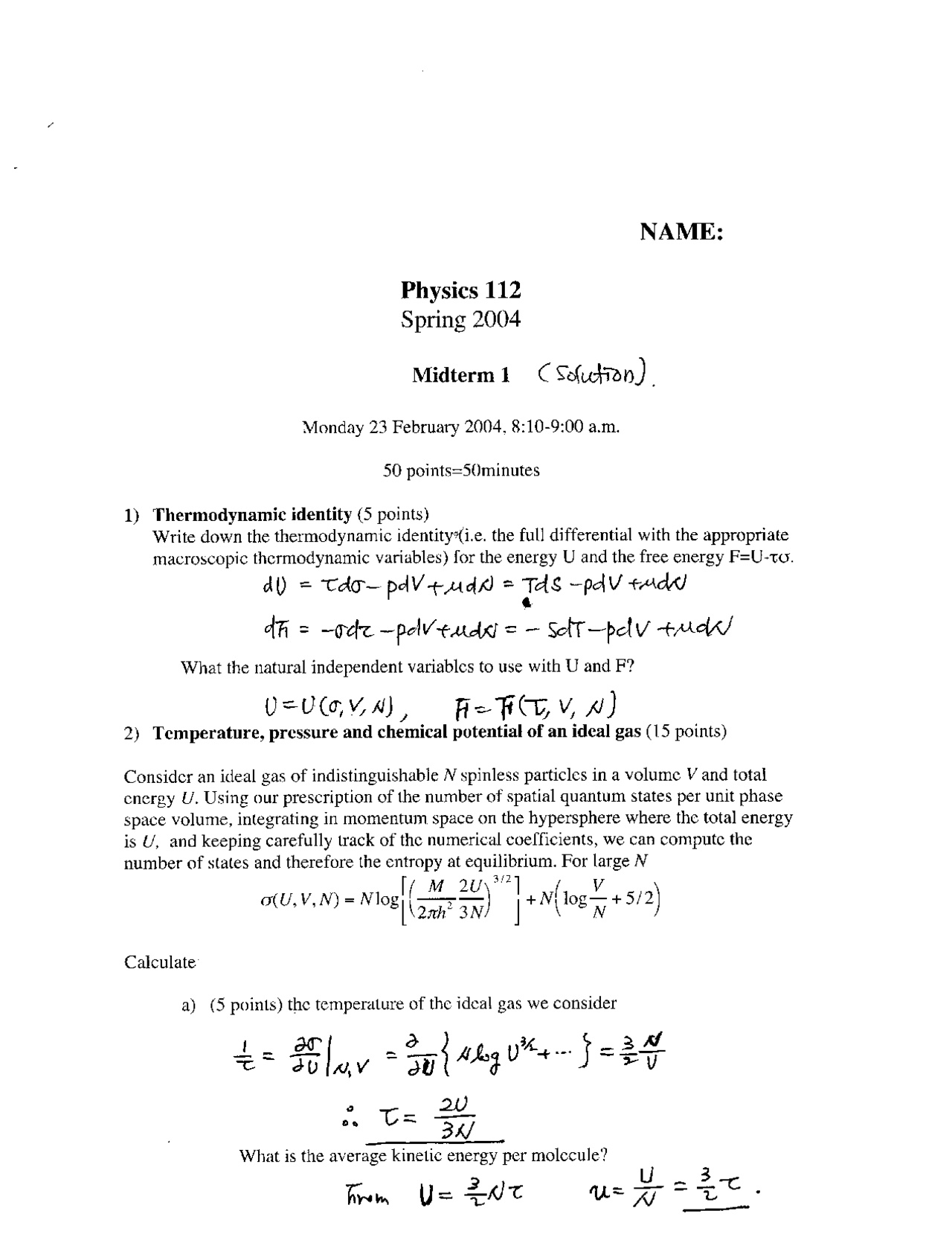 Thermodynamic Identity Solid State Physics Solved Paper Docsity