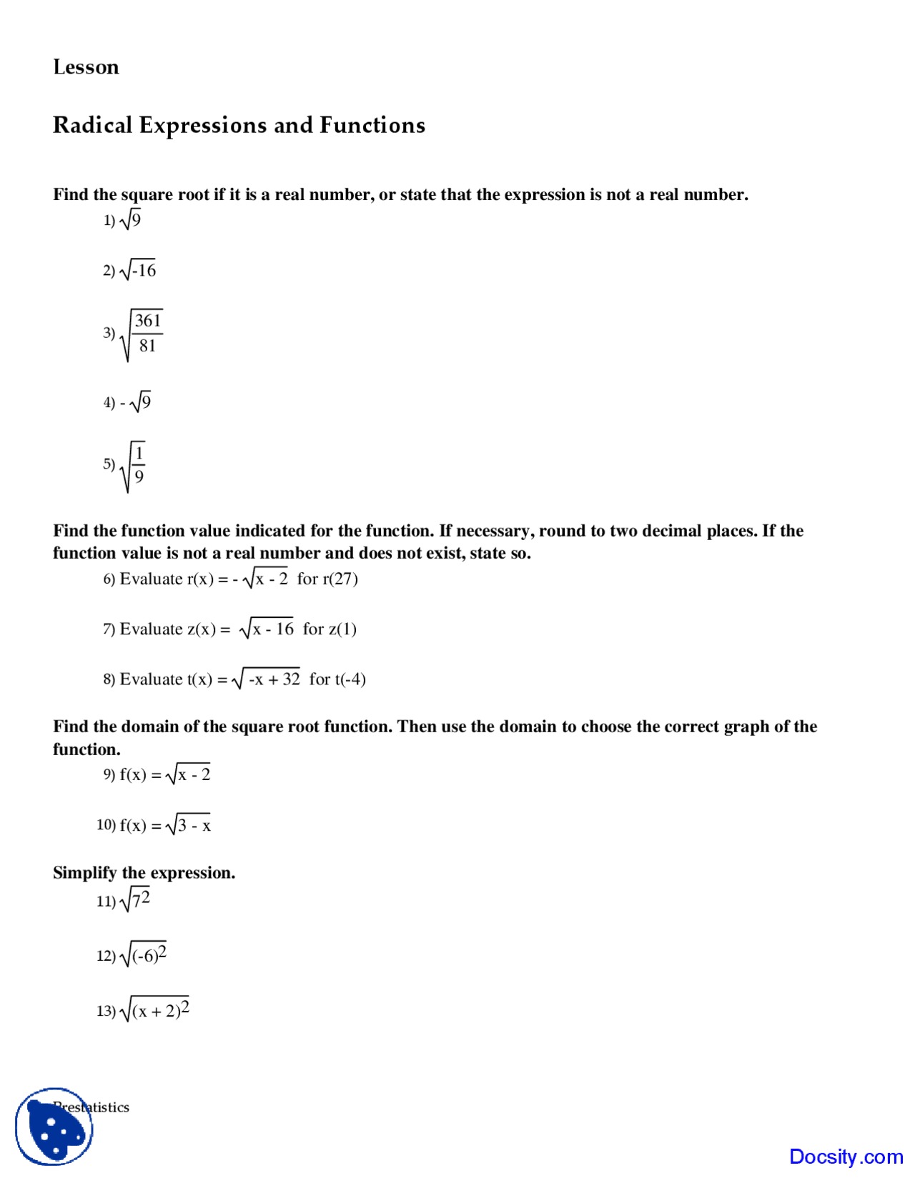 Radical Expression - Statistics - Exercise - Docsity