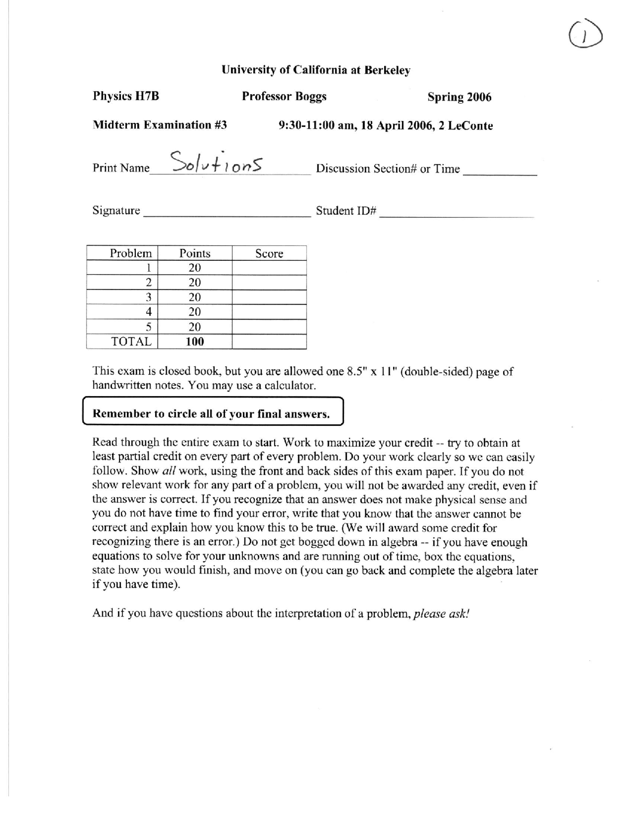 Uniform Magnetic Field - Honors Physics for Scientist and Engineers - Solved Exam - Docsity
