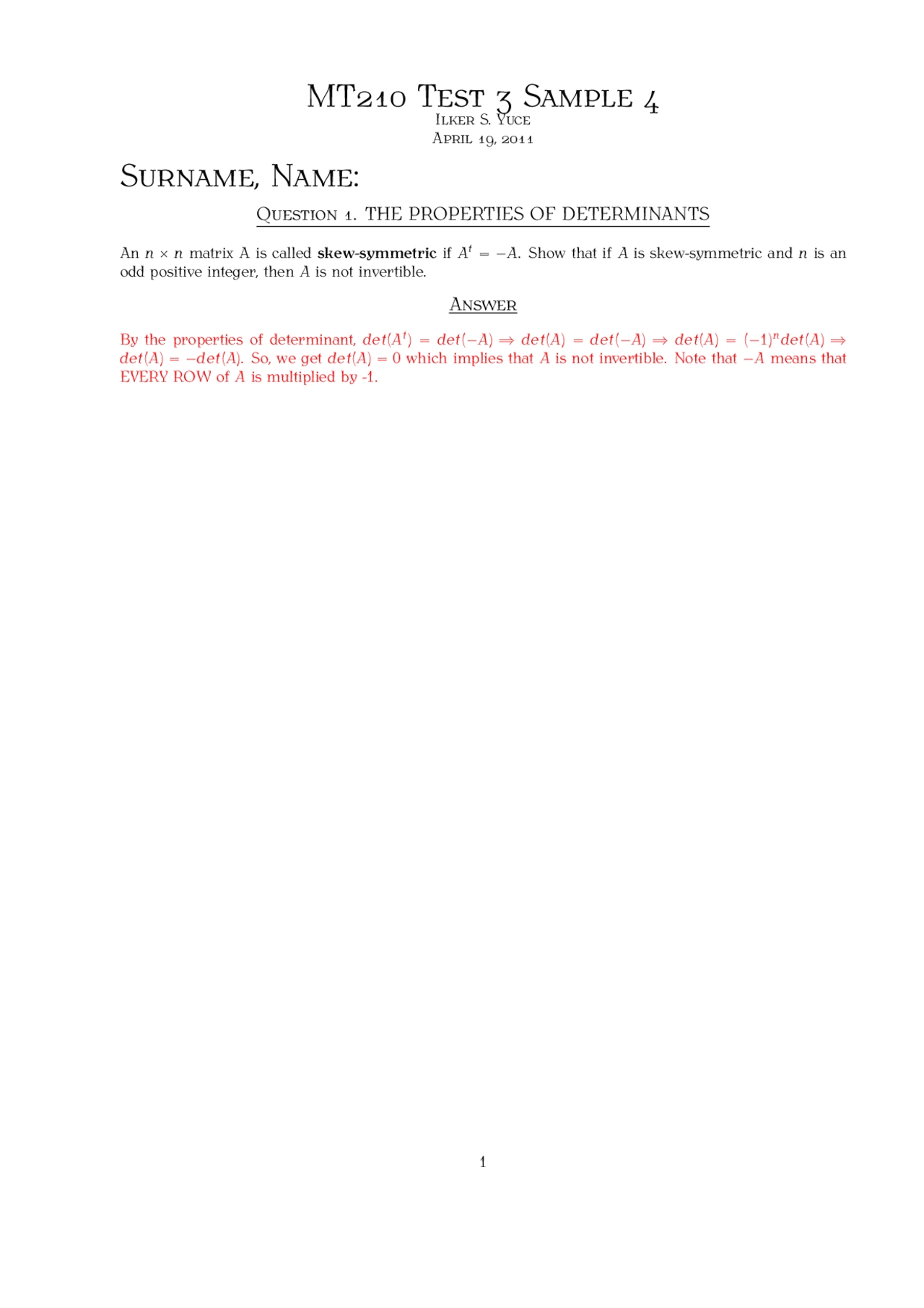 Determinant Linear Algebra Solved Exam Docsity