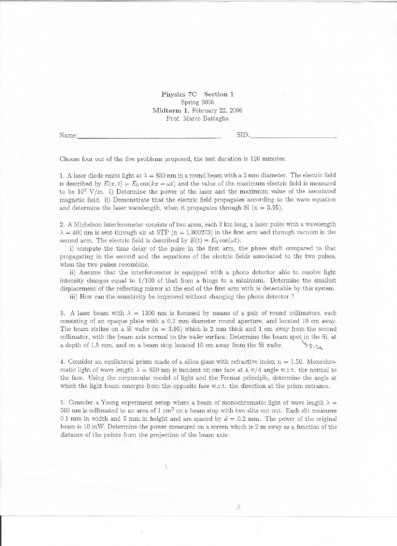 Laser Wavelength - Physics for Scientist and Engineers - Past Paper ...