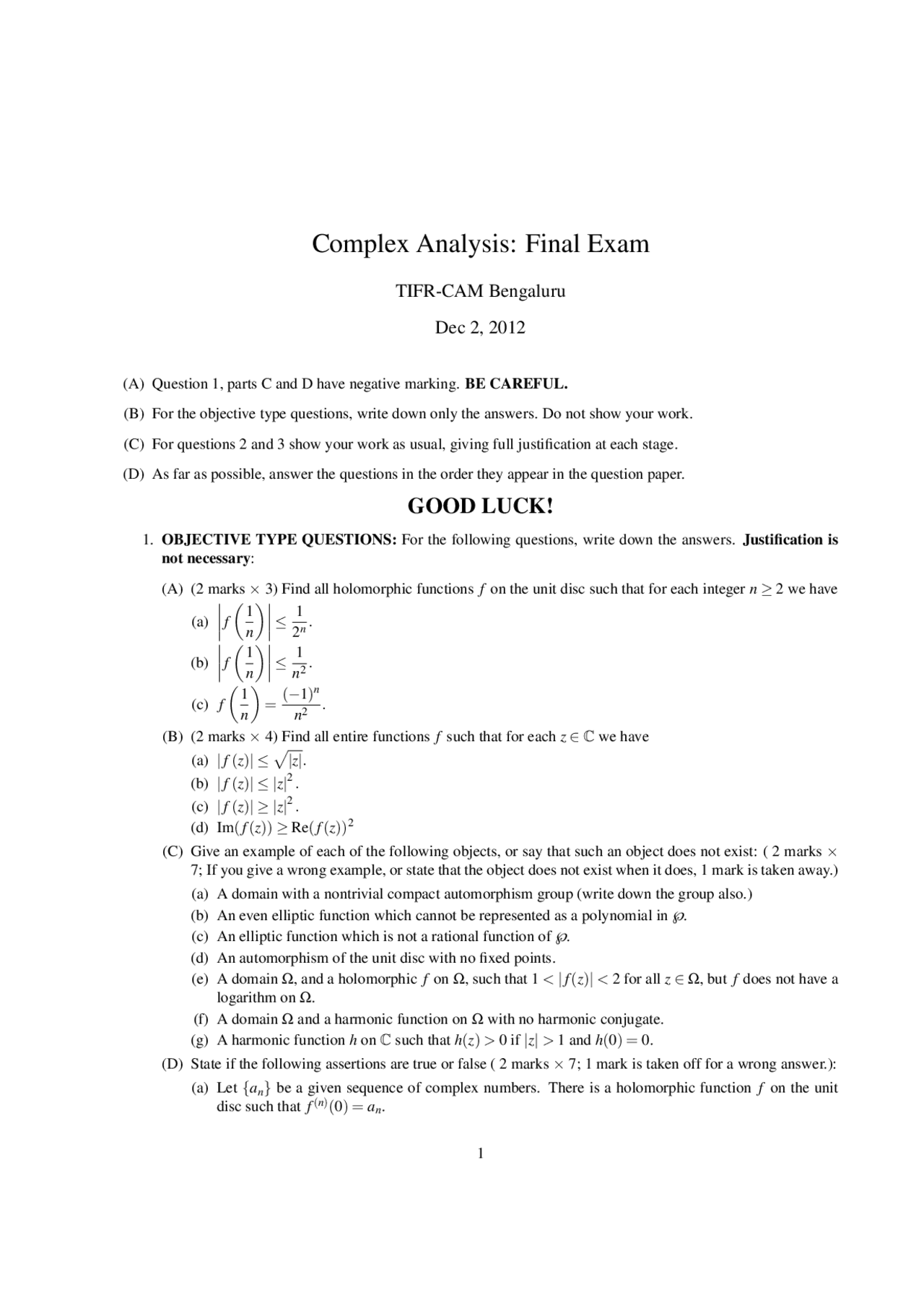 Justification - Complex Analysis - Exam - Docsity