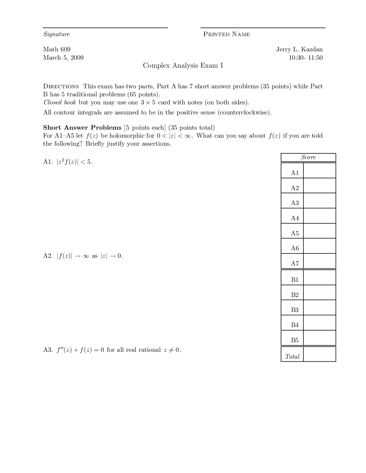 Positive Sense - Complex Analysis - Exam | Exams Mathematics | Docsity