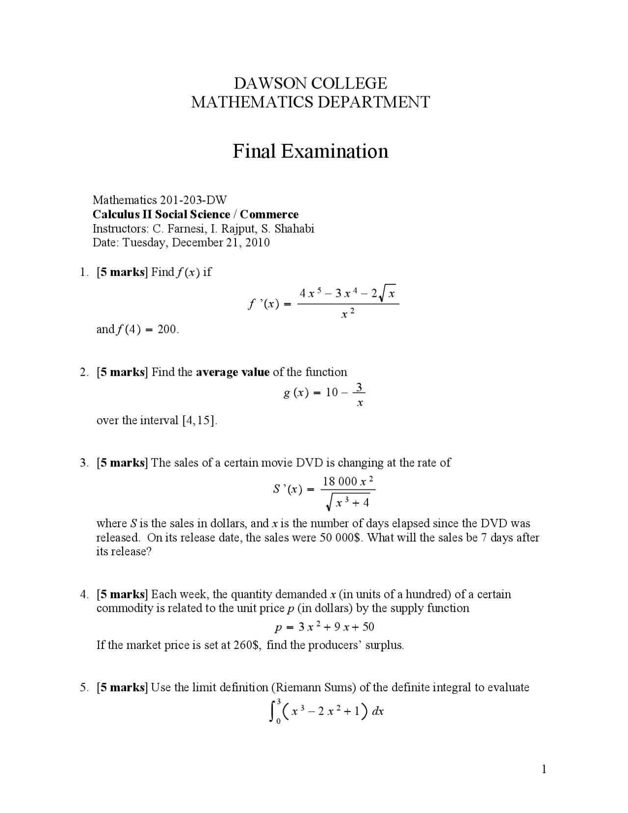 Average Value Calculus Exam Docsity