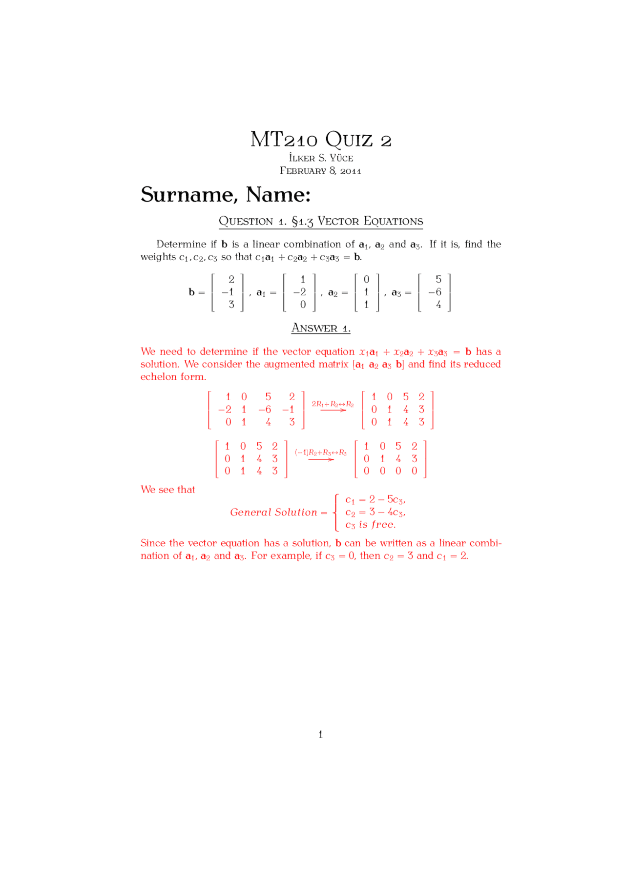Linear Combination Linear Algebra Solved Exam Docsity