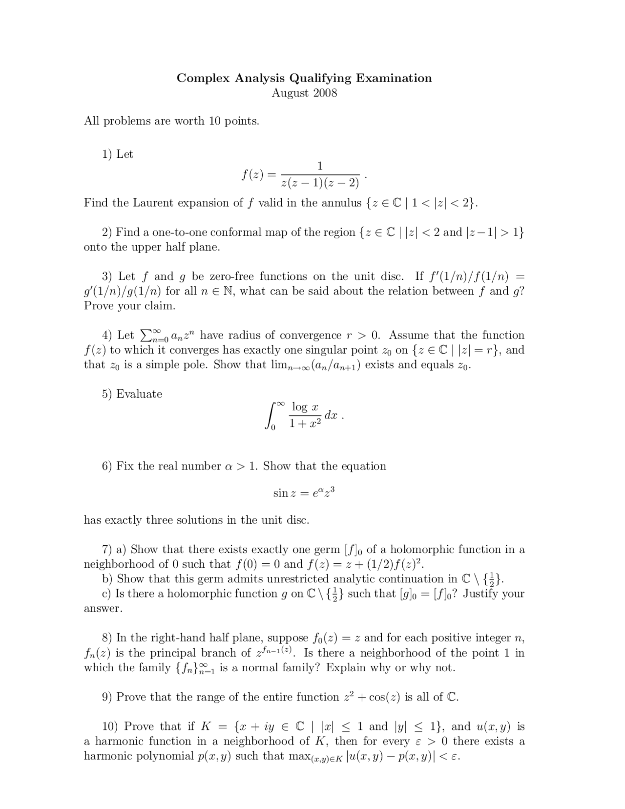 Laurent Expansion - Complex Analysis - Exam - Docsity