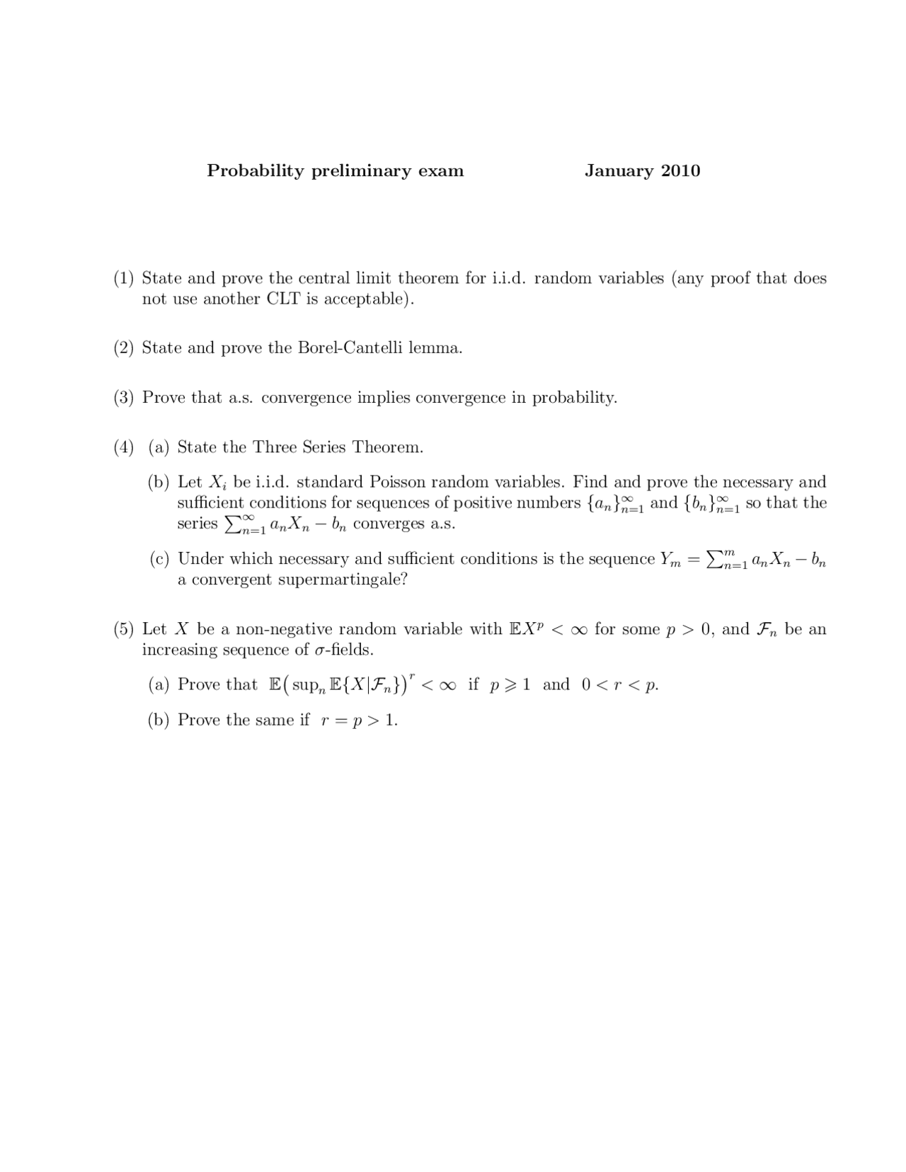 Borel Cantelli Lemma - Probability - Exam - Docsity