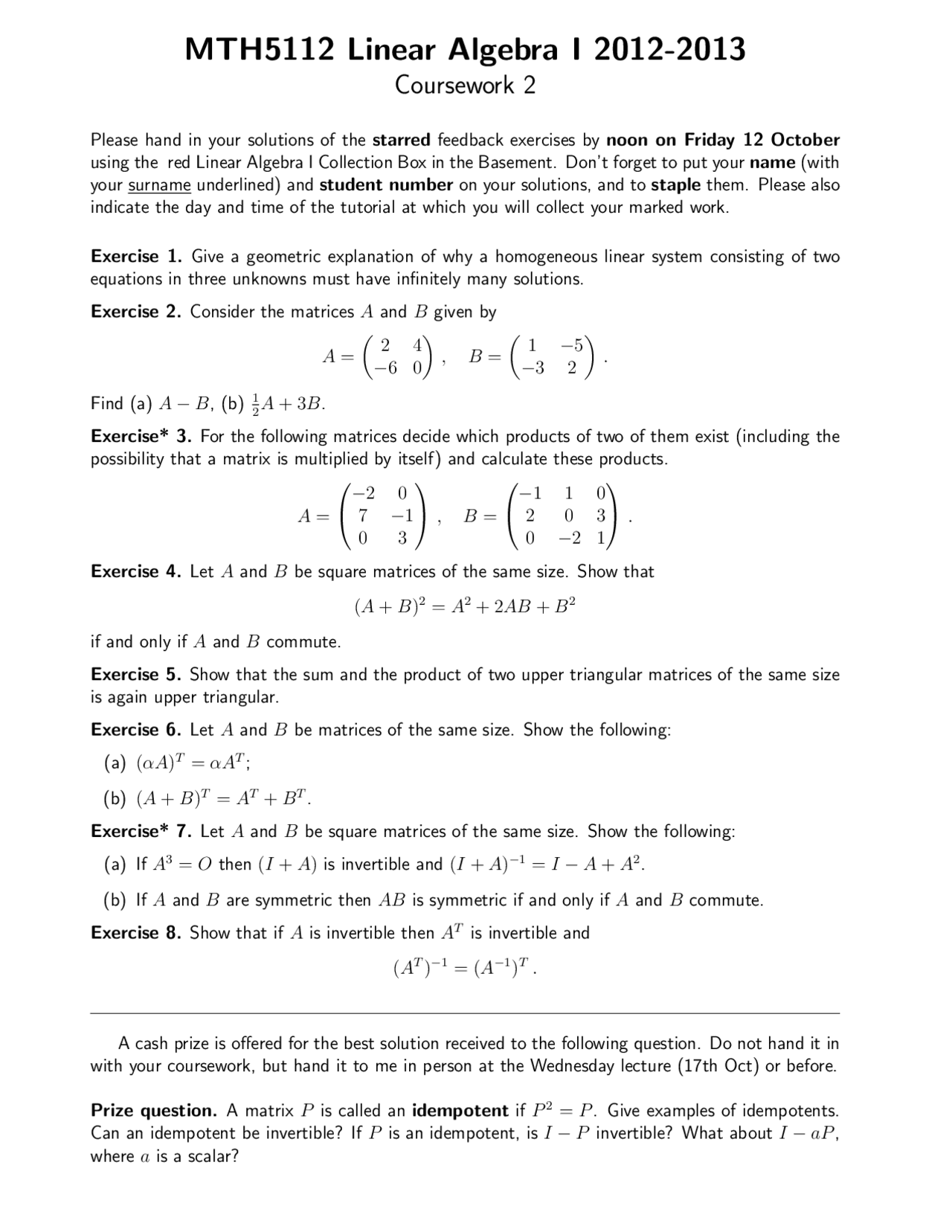 Homogeneous Linear Equation Linear Algebra Exercise Docsity