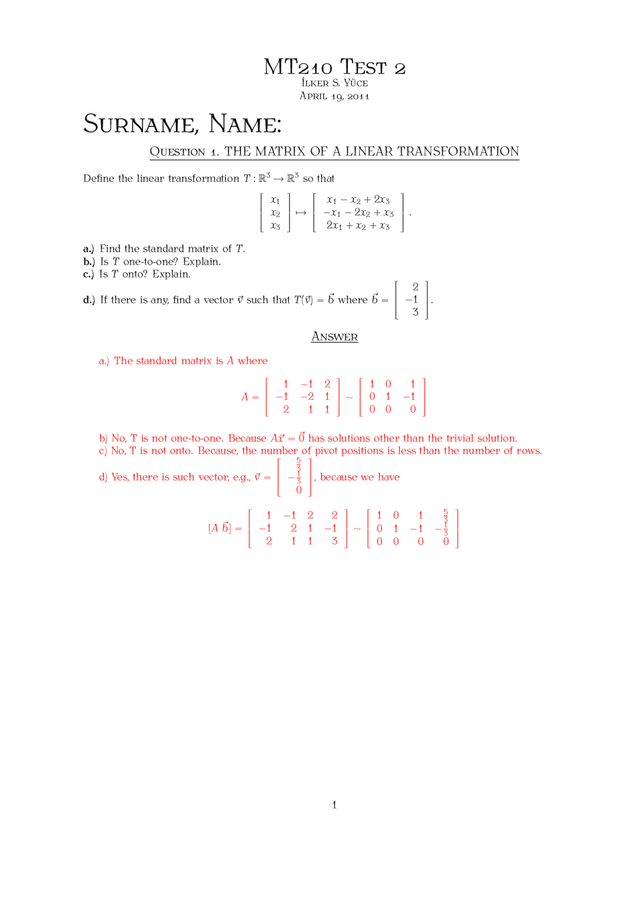 Vector Linear Algebra Solved Exam Docsity