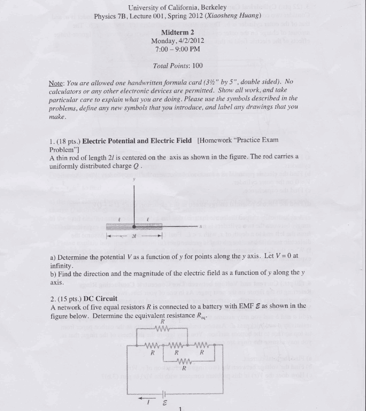 Electric Potential, Electric Field - Physics for Scientist and Engineers - Past Paper - Docsity