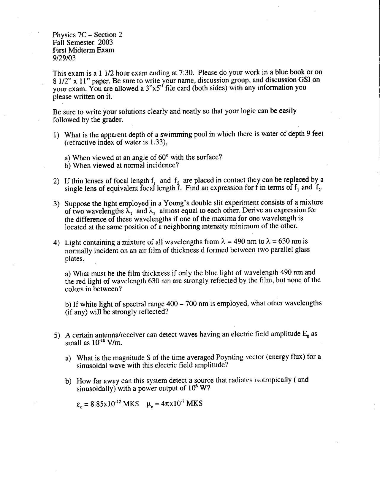 Apparent of Depth - Physics for Scientist and Engineers - Past Paper ...