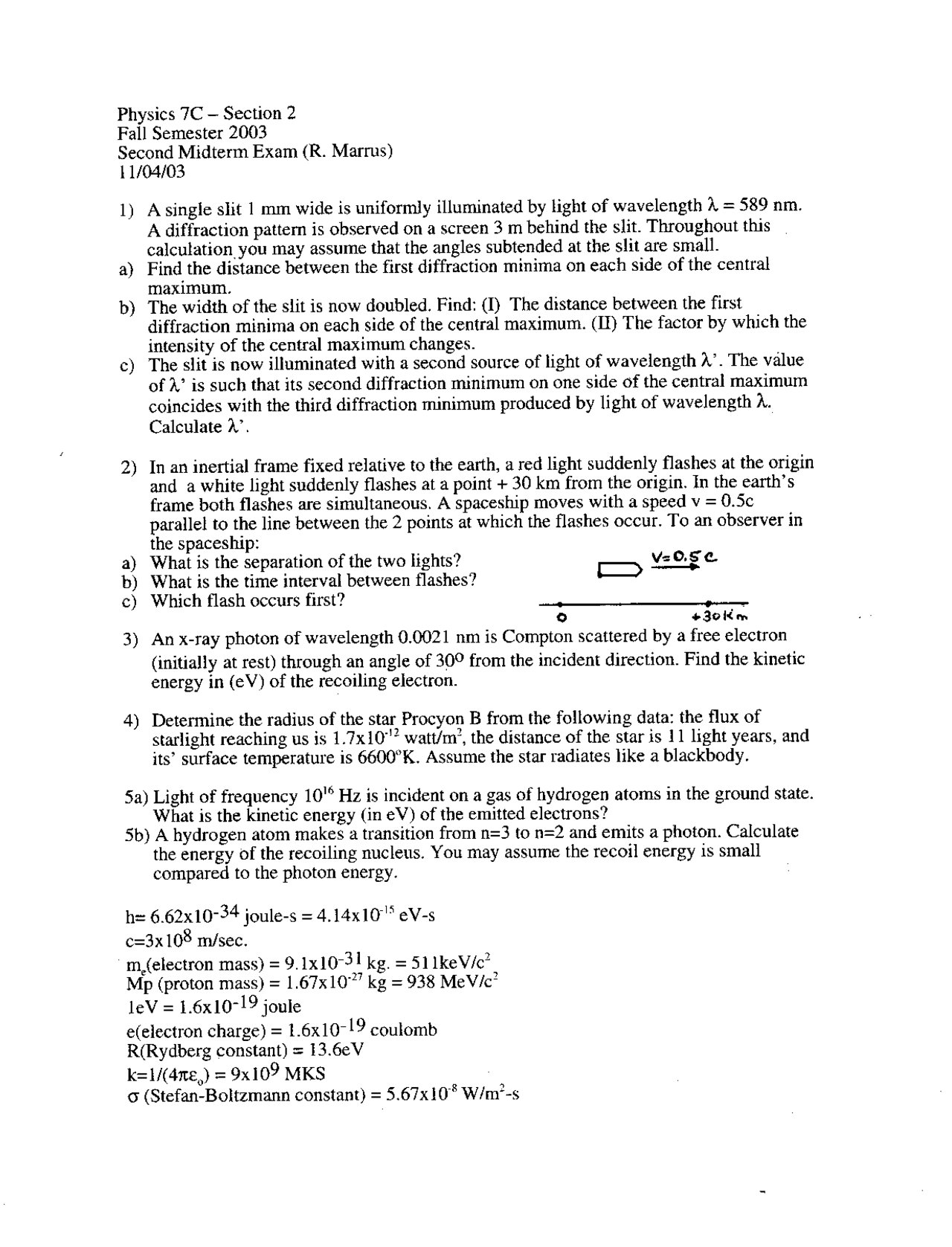 First Difraction Minima - Physics for Scientist and Engineers - Past Paper - Docsity