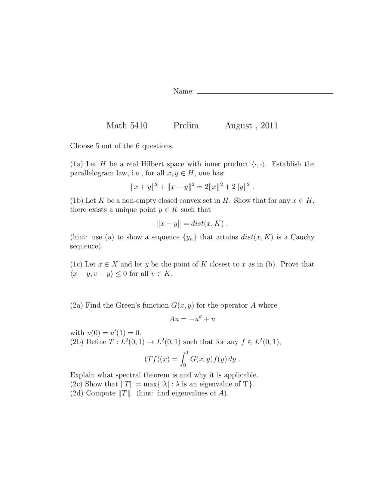 Hilbert Space - Applied Math - Exam - Docsity