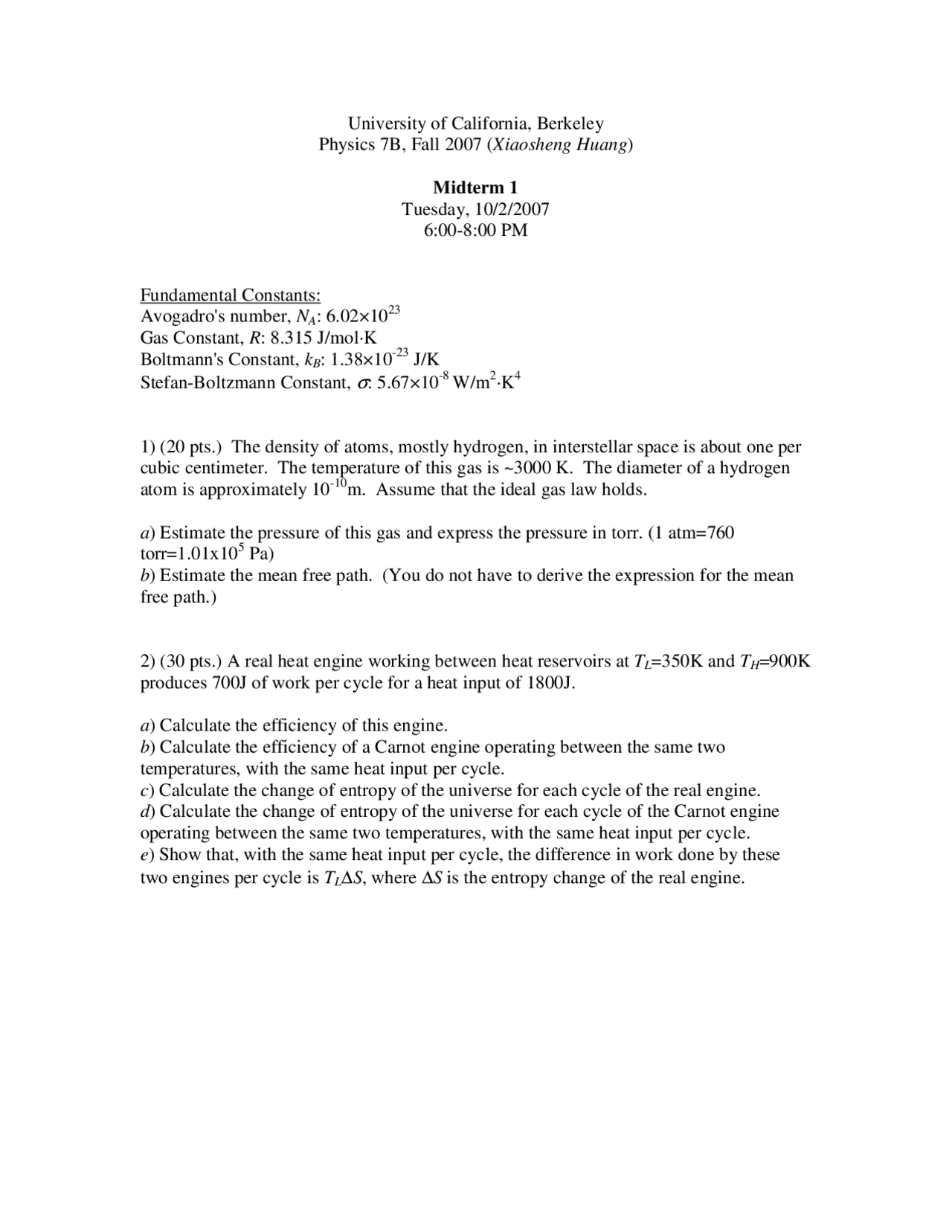 Efficiency of Carnot Engine - Physics for Scientist and Engineers - Past Paper - Docsity