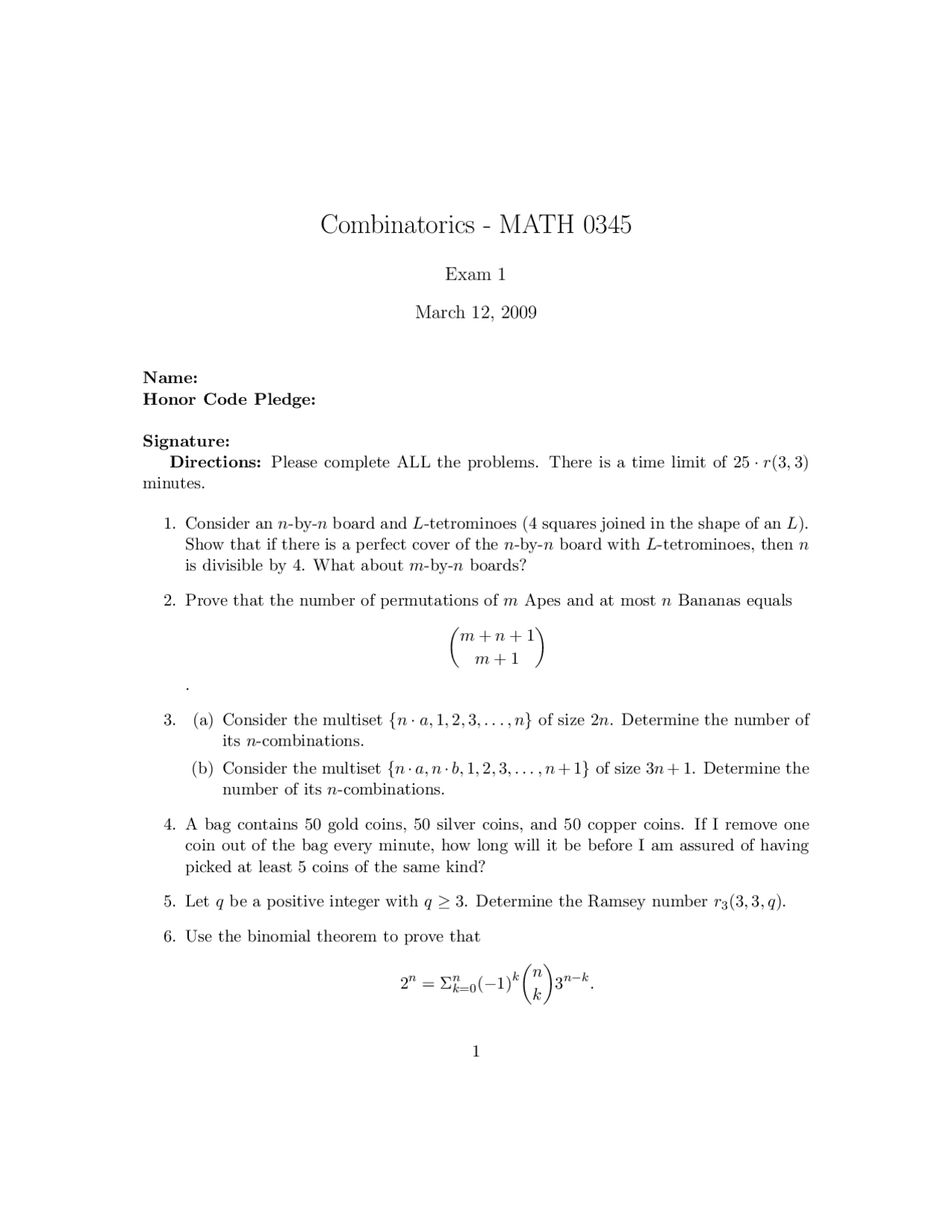 Directions Combinatorics Exam Docsity
