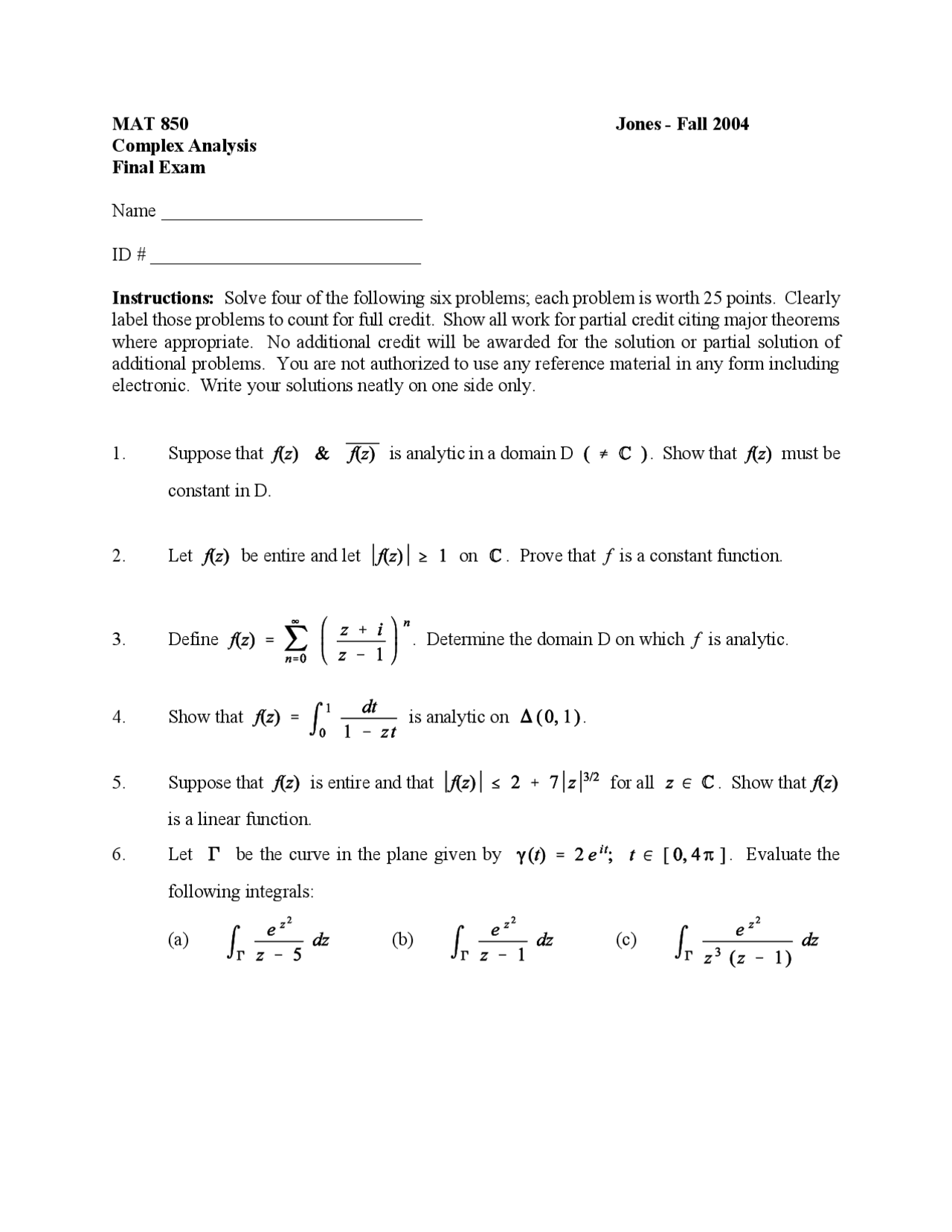 Analytic Complex Analysis Exam Docsity