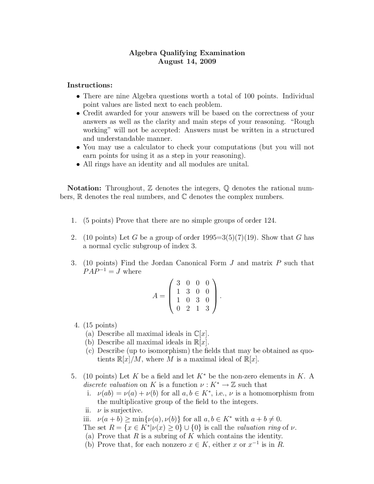 Computations - Algebra - Exam - Docsity