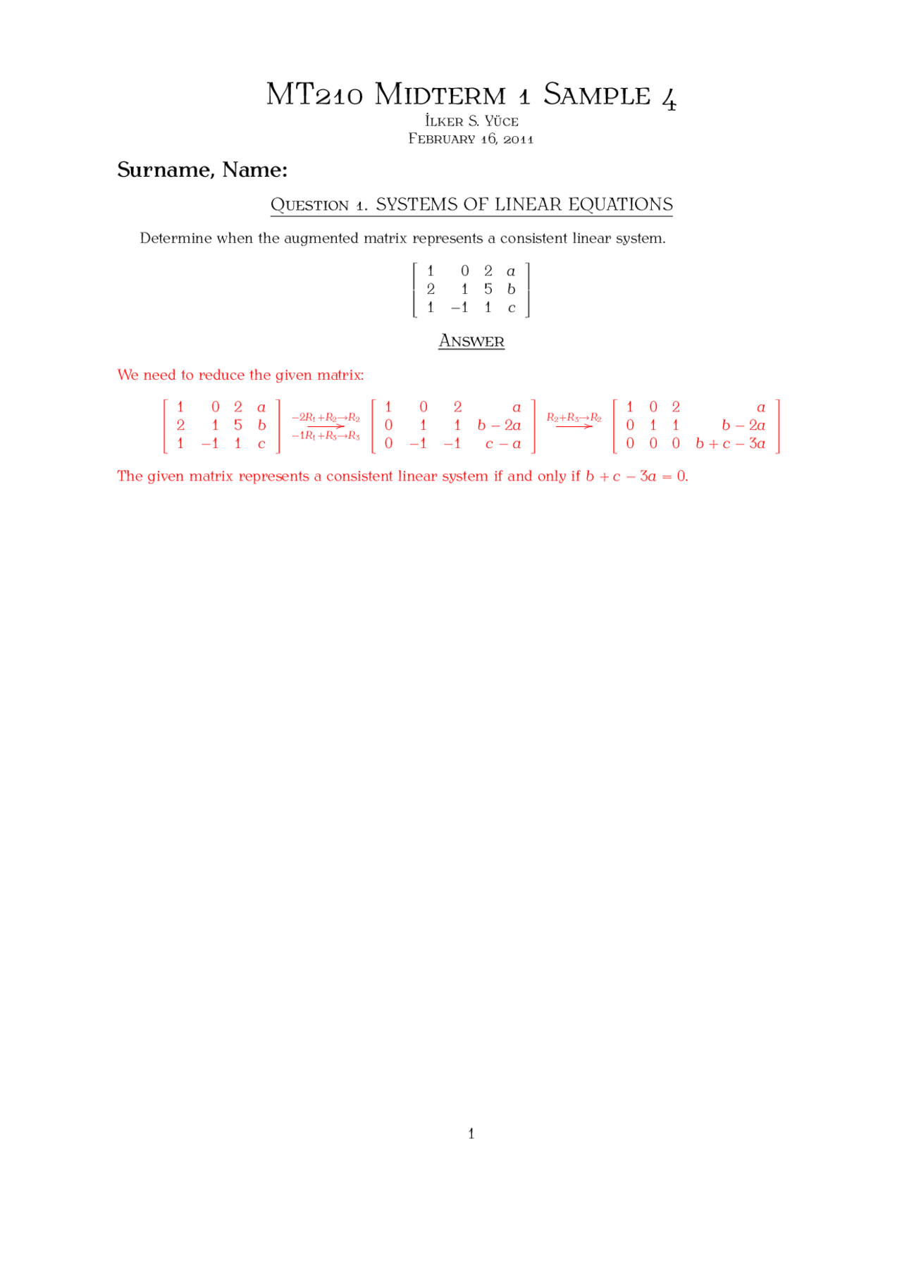Matrix Represents - Linear Algebra - Solved Exam - Docsity