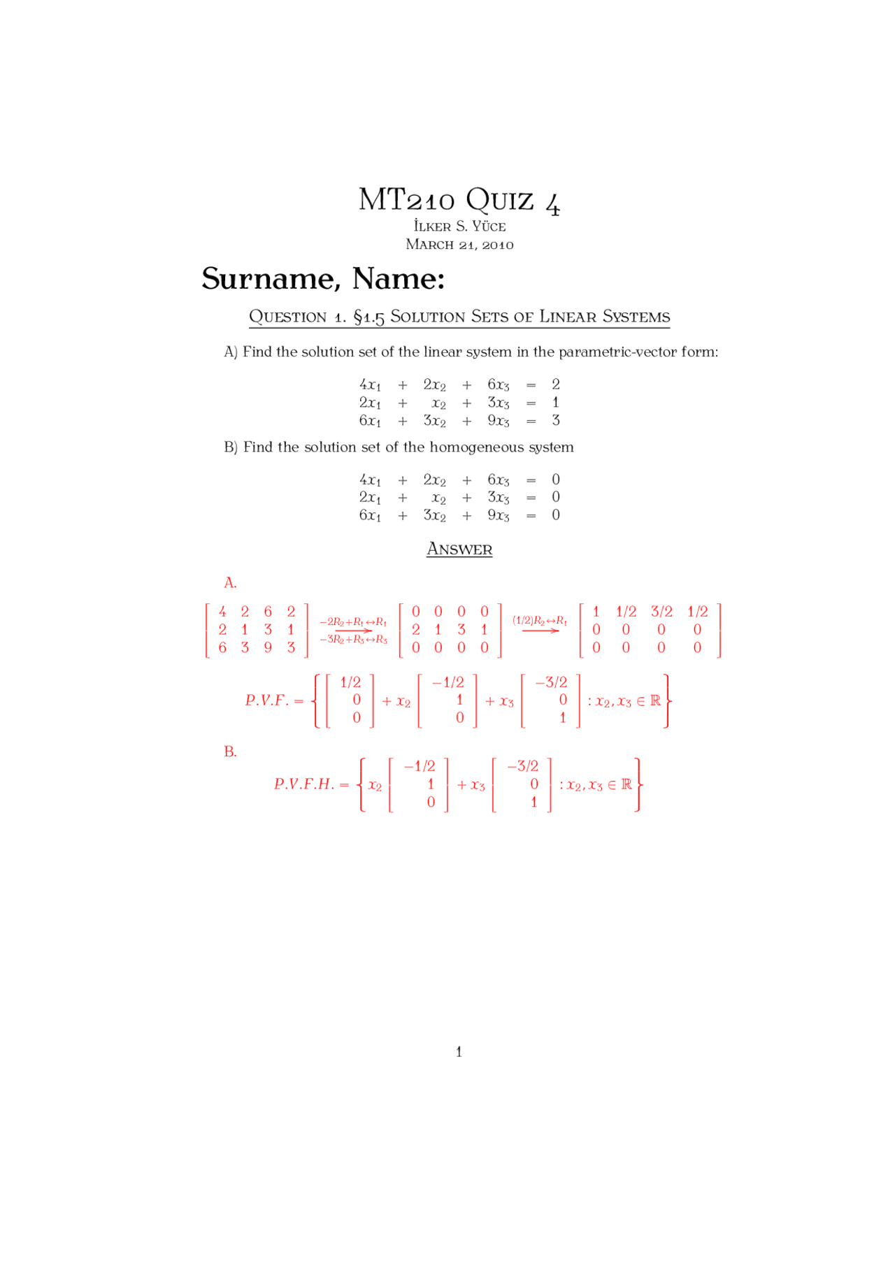 Parametric Vector Linear Algebra Solved Exam Docsity
