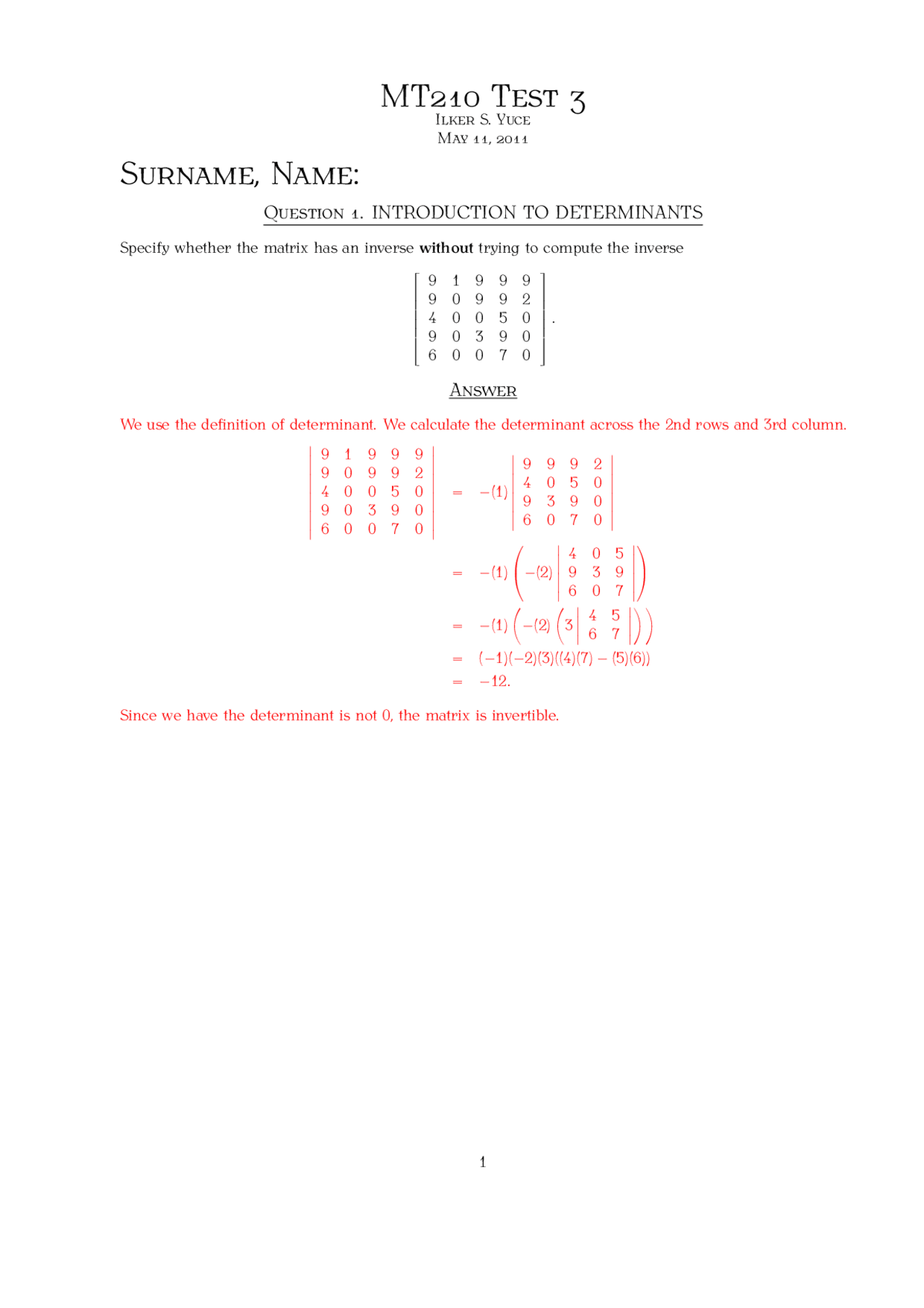 Definition Linear Algebra Solved Exam Docsity