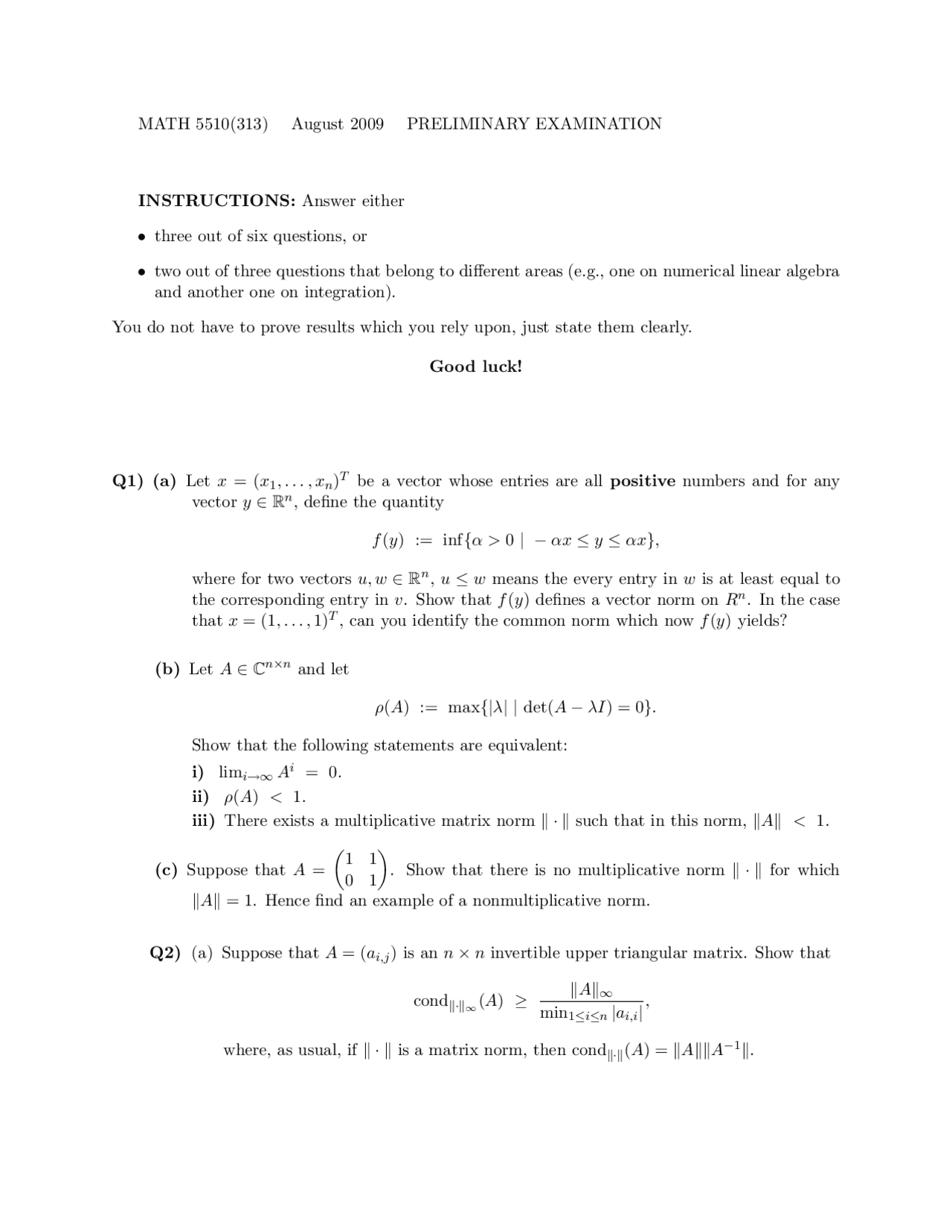 Positive Numbers Numerical Analysis Exam Docsity
