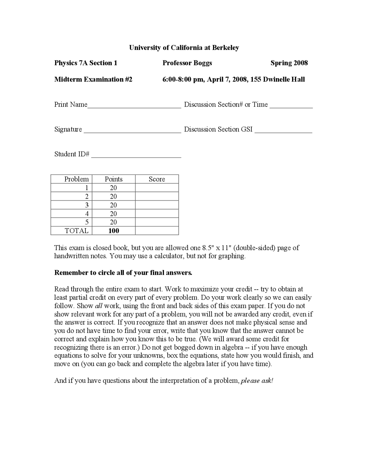Arbitrary Height - Physics for Scientist and Engineers - Past Paper ...